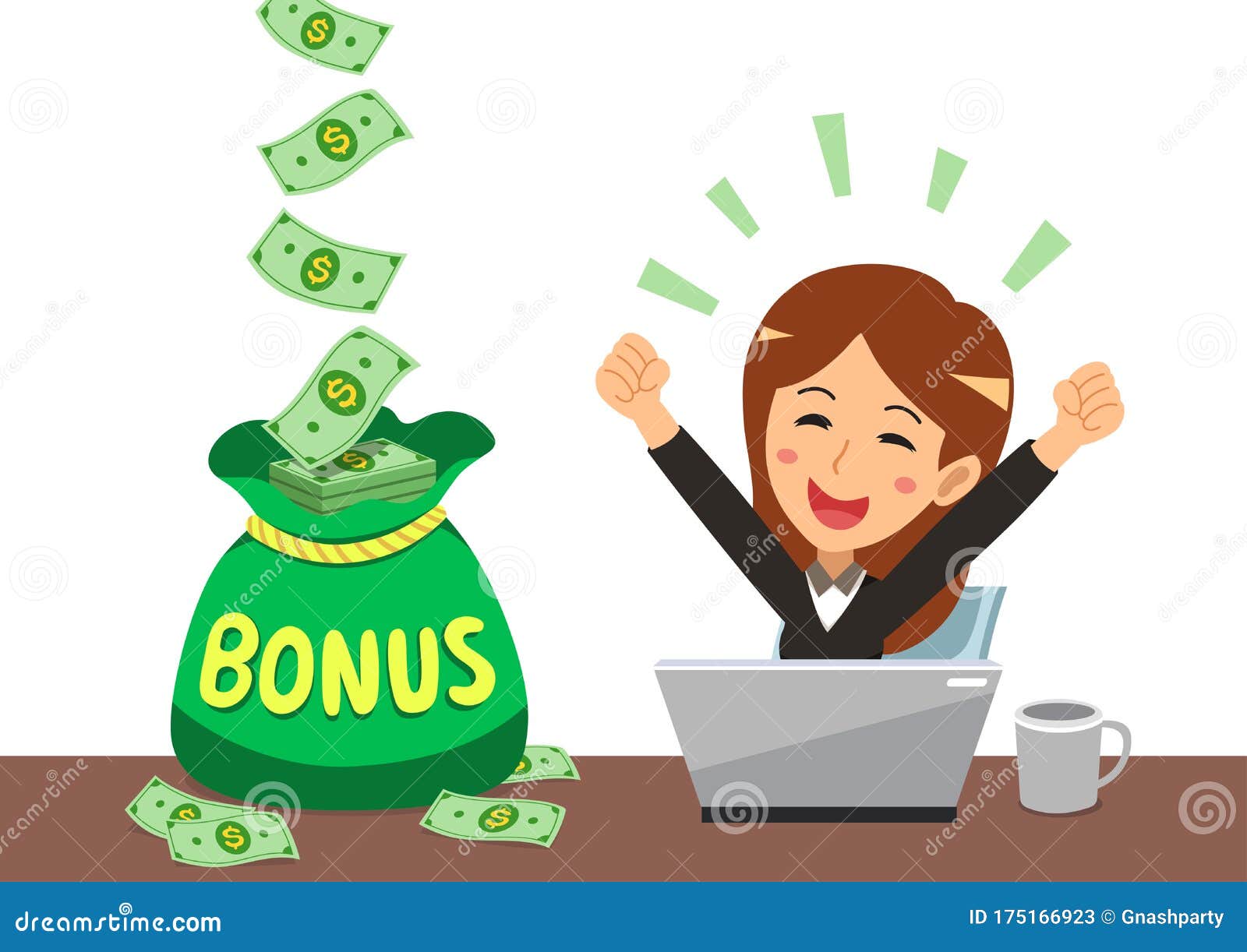Cartoon Happy Businesswoman with Big Bonus Money Bag Stock Vector ...