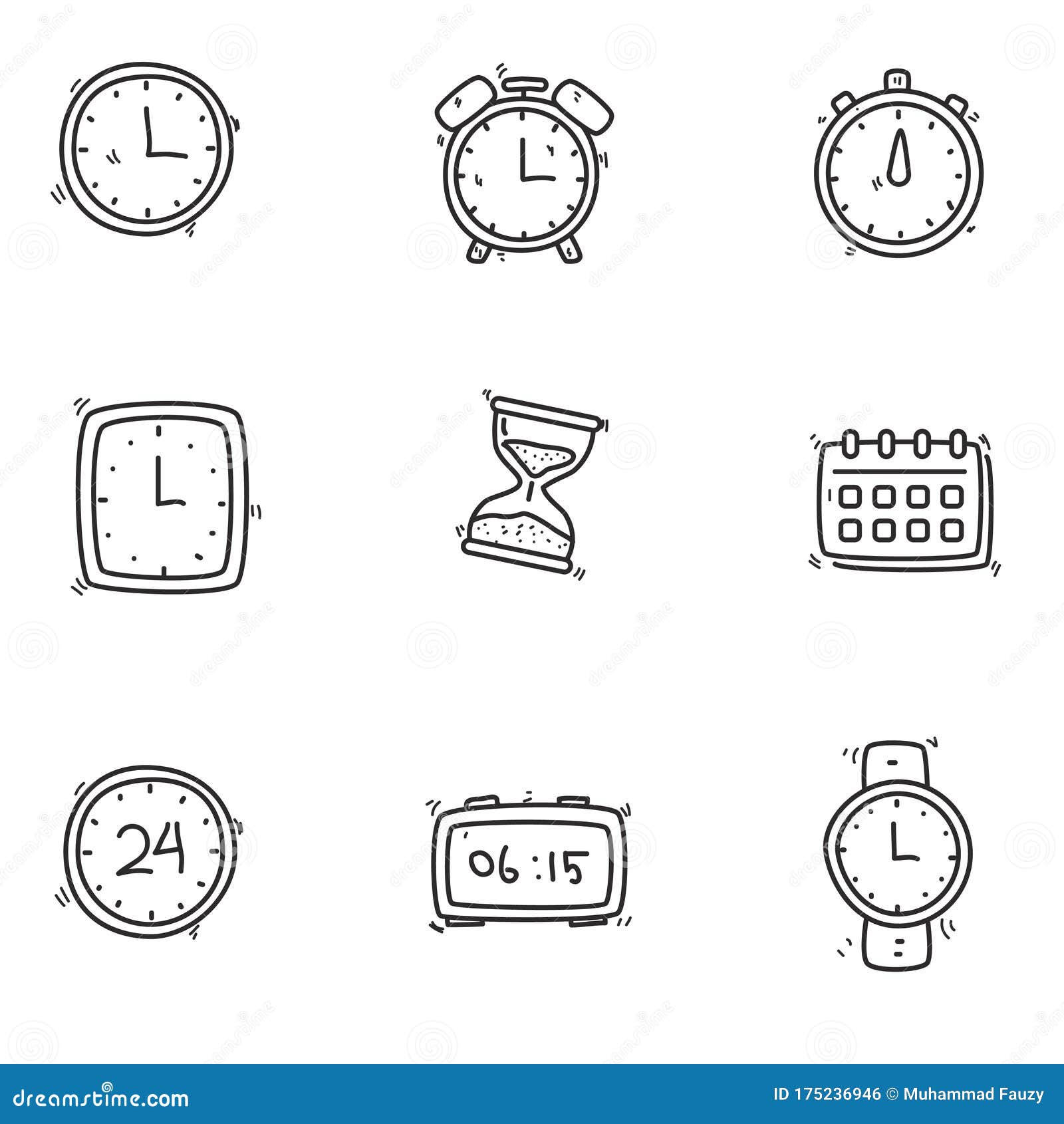 Set of Clock Icons in Cute Doodle Design Stock Vector - Illustration of ...