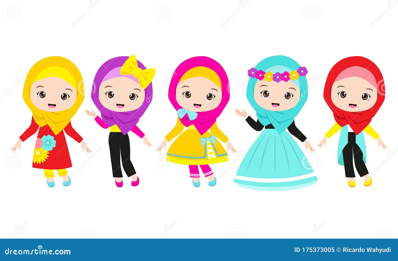Set of Muslim Girls Cartoon Character with 5 Costume Stock Vector ...