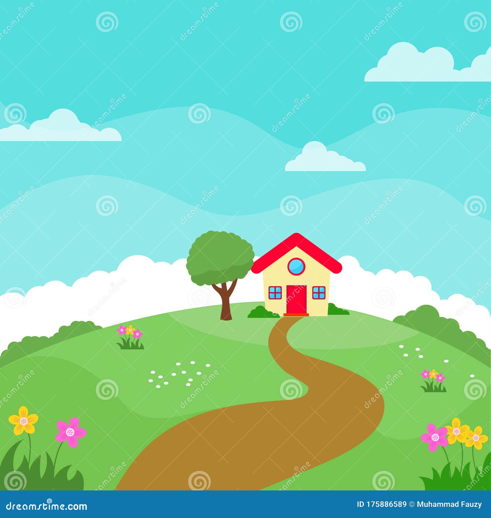 House on Hill Vector Illustration in Cute Cartoon Style Stock Vector ...