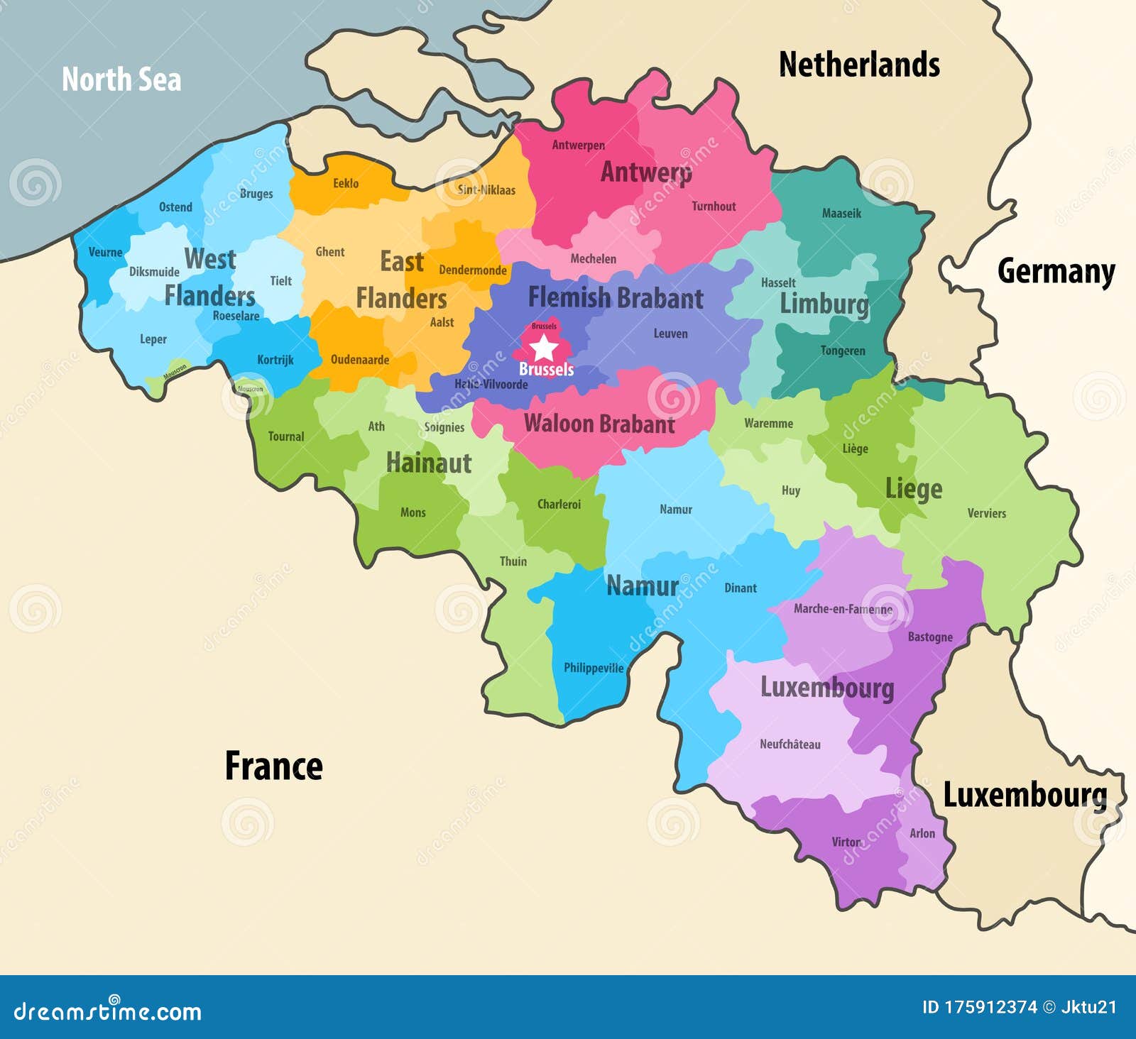 Belgium Administrative Districts Map with Neighbouring Terrotories ...