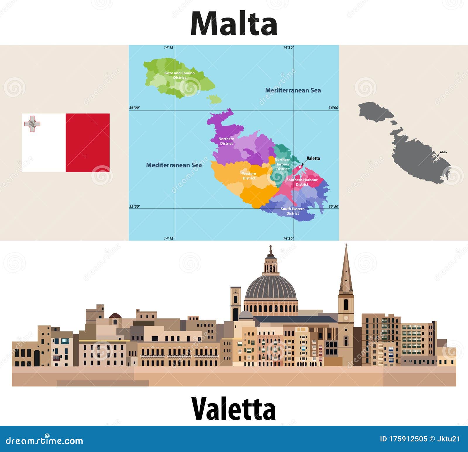 Malta Map, Administrative Divisions Whit Names Regions, Blue Background ...