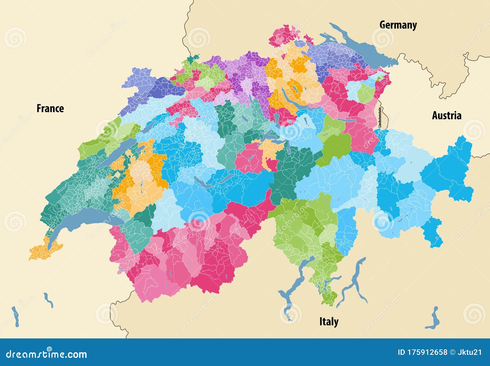 Switzerland Vector Map Showing Cantonal, Districts and Municipal ...