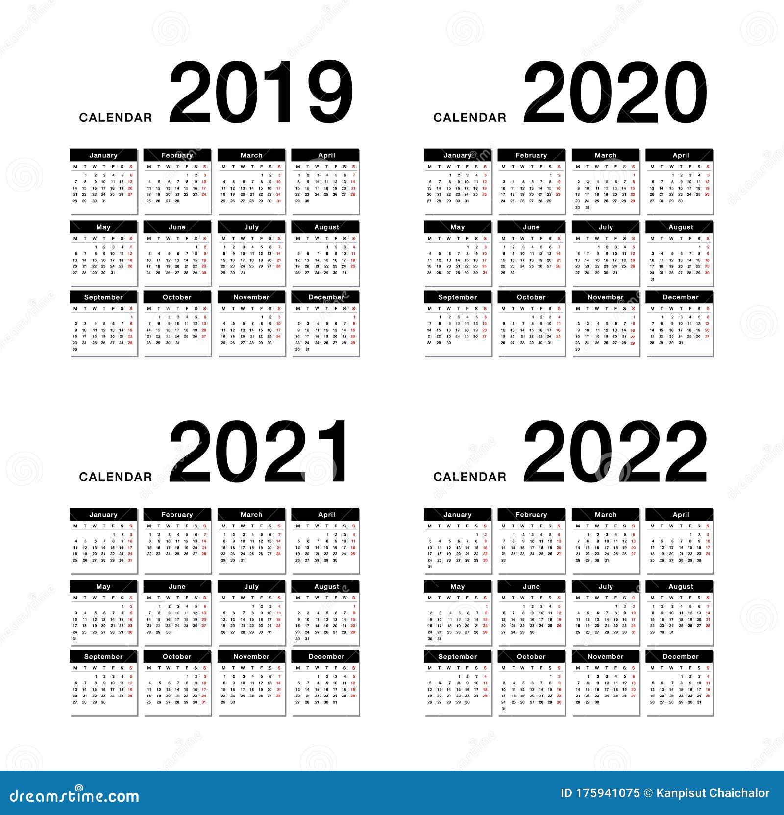 Year 2019 and Year 2020 and Year 2021 and Year 2022 Calendar Vector ...