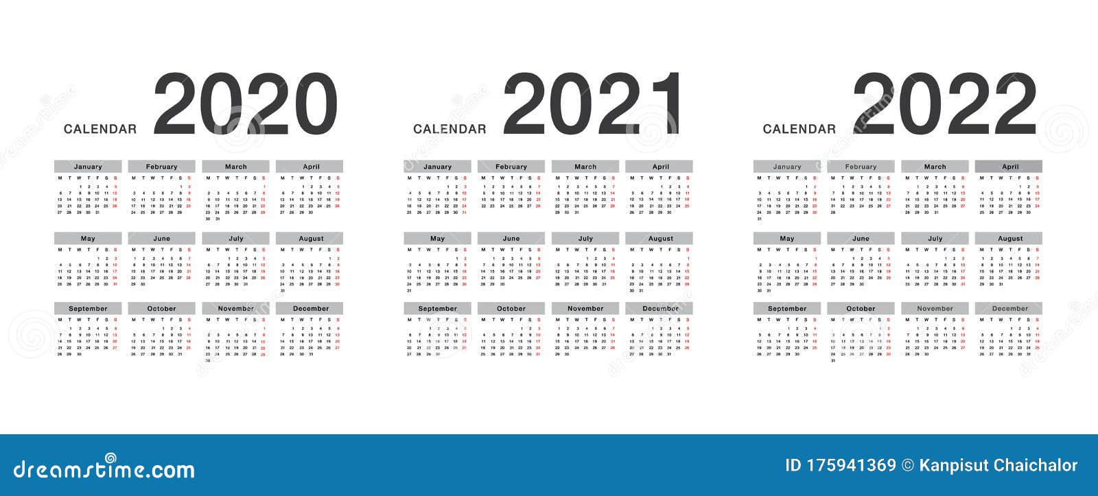 Year 2020 and Year 2021 and Year 2022 Calendar Vector Design Template ...