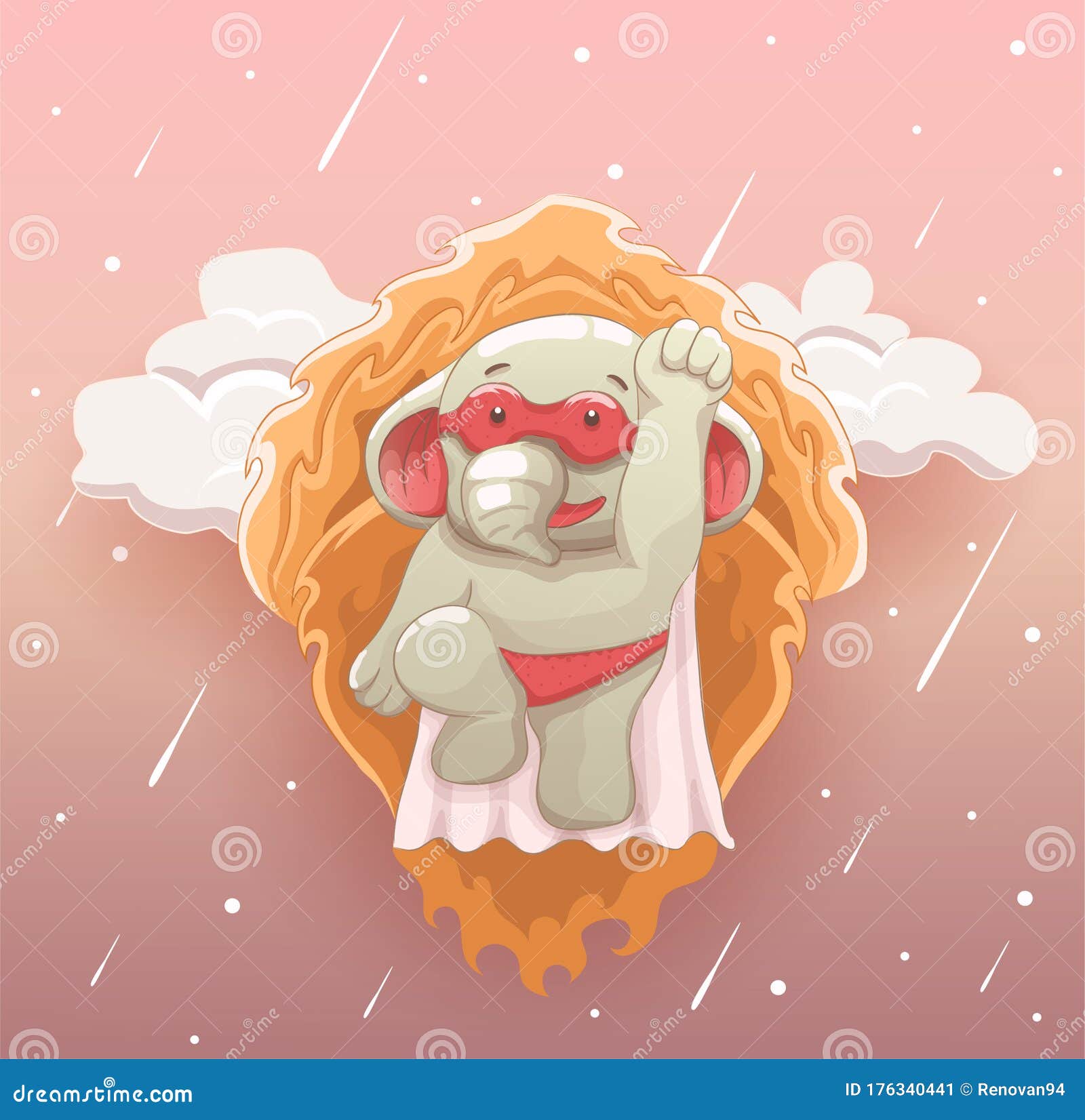 The Elephant Hero in the Sky. Vector Hand Drawn Cartoon Art Style Stock ...