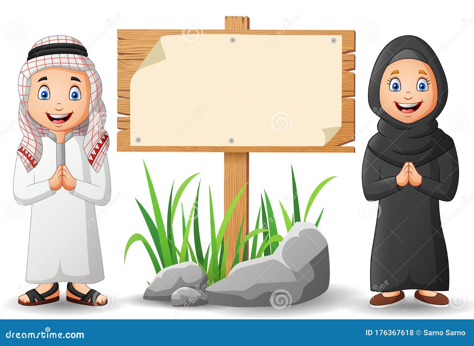 Arabic Kids Cartoon and Blank Wooden Signs Stock Vector - Illustration ...