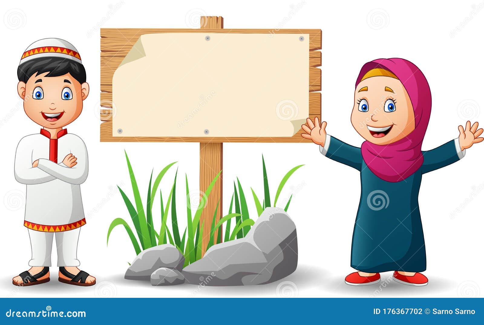 Muslim Kids and Blank Wooden Signs Stock Vector - Illustration of ...