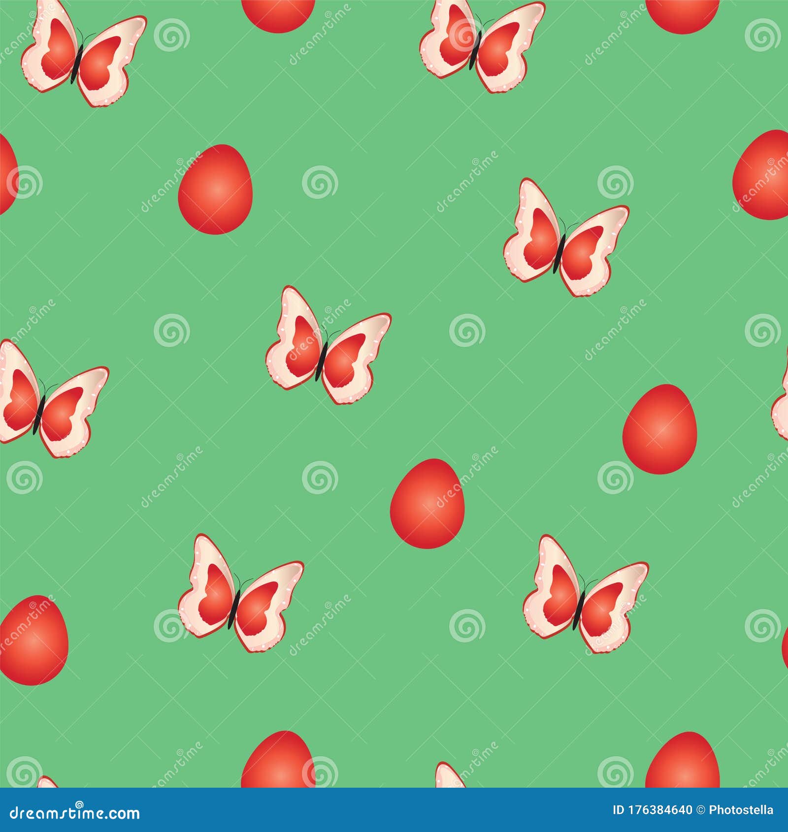 Seamless Pattern with Red Easter Eggs and Butterflies on Green ...