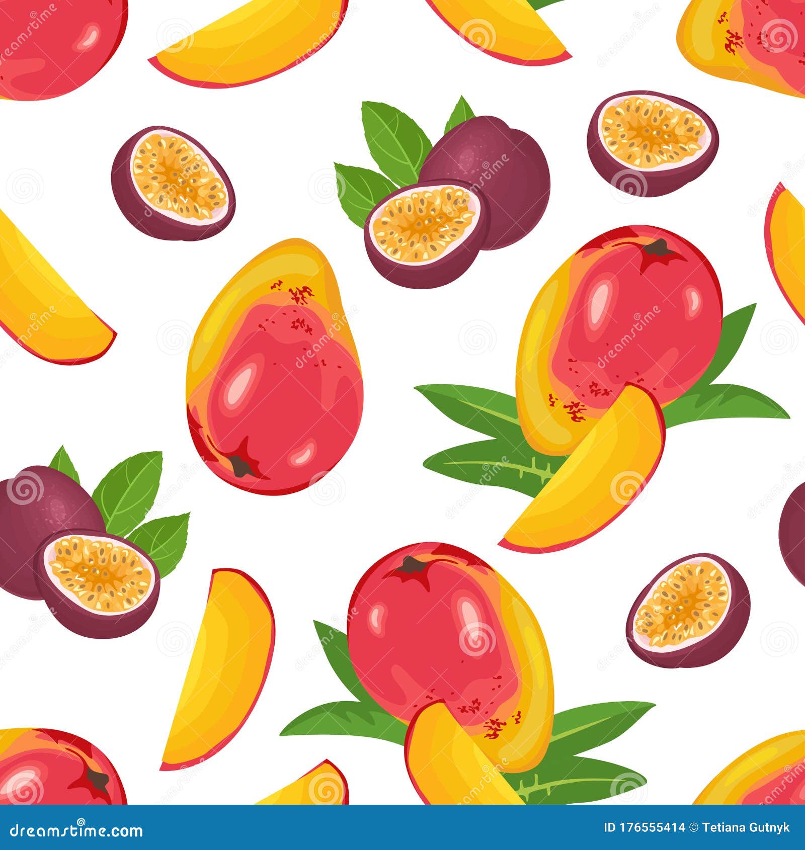 Mango and Passion Fruit Seamless Pattern. Juicy Tropical Fruits and ...