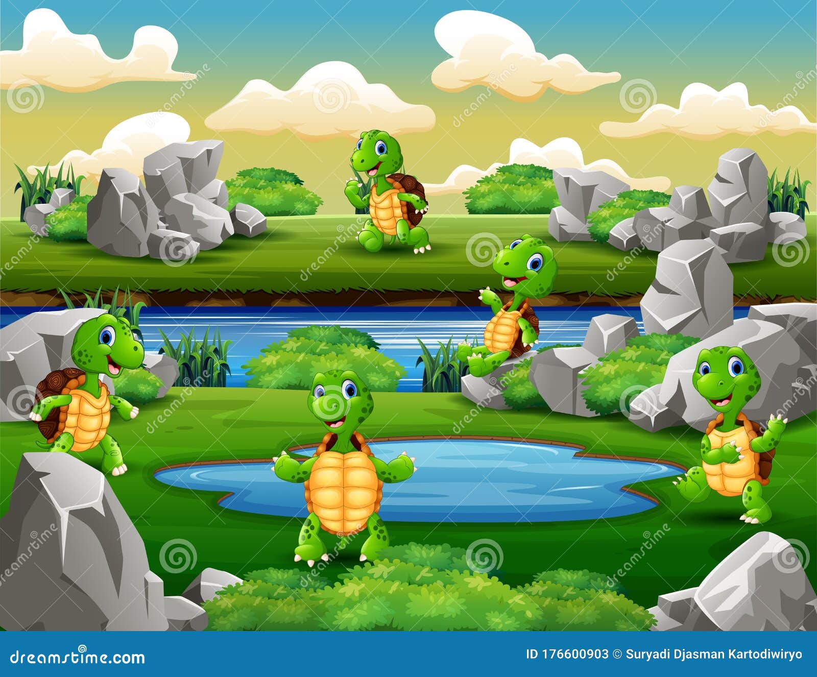A Group of Turtles Playing Near the Waterhole Stock Vector ...