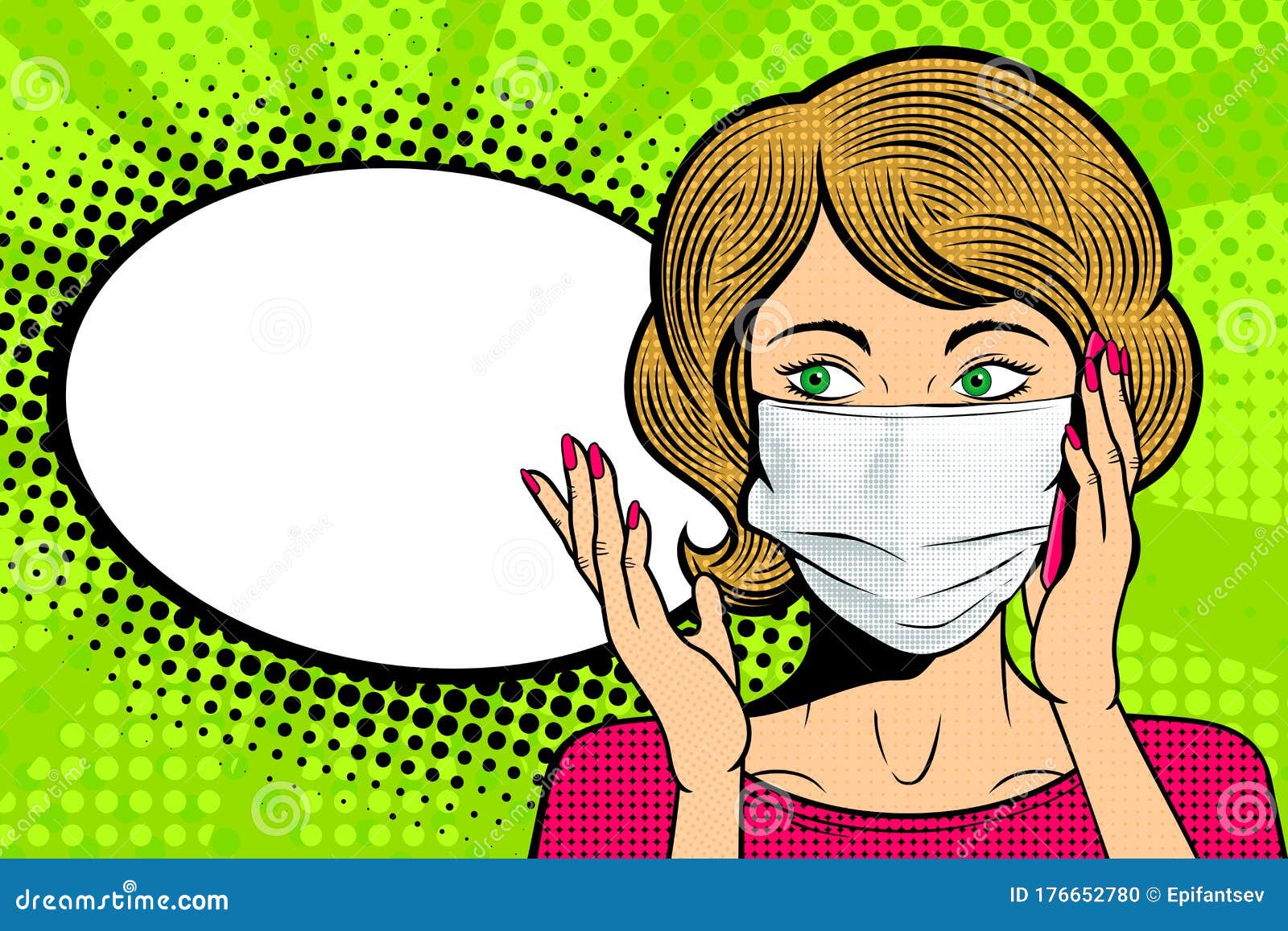 Pop Art Female Face in Medical Mask Talk on Mobile Phone. Female Face ...