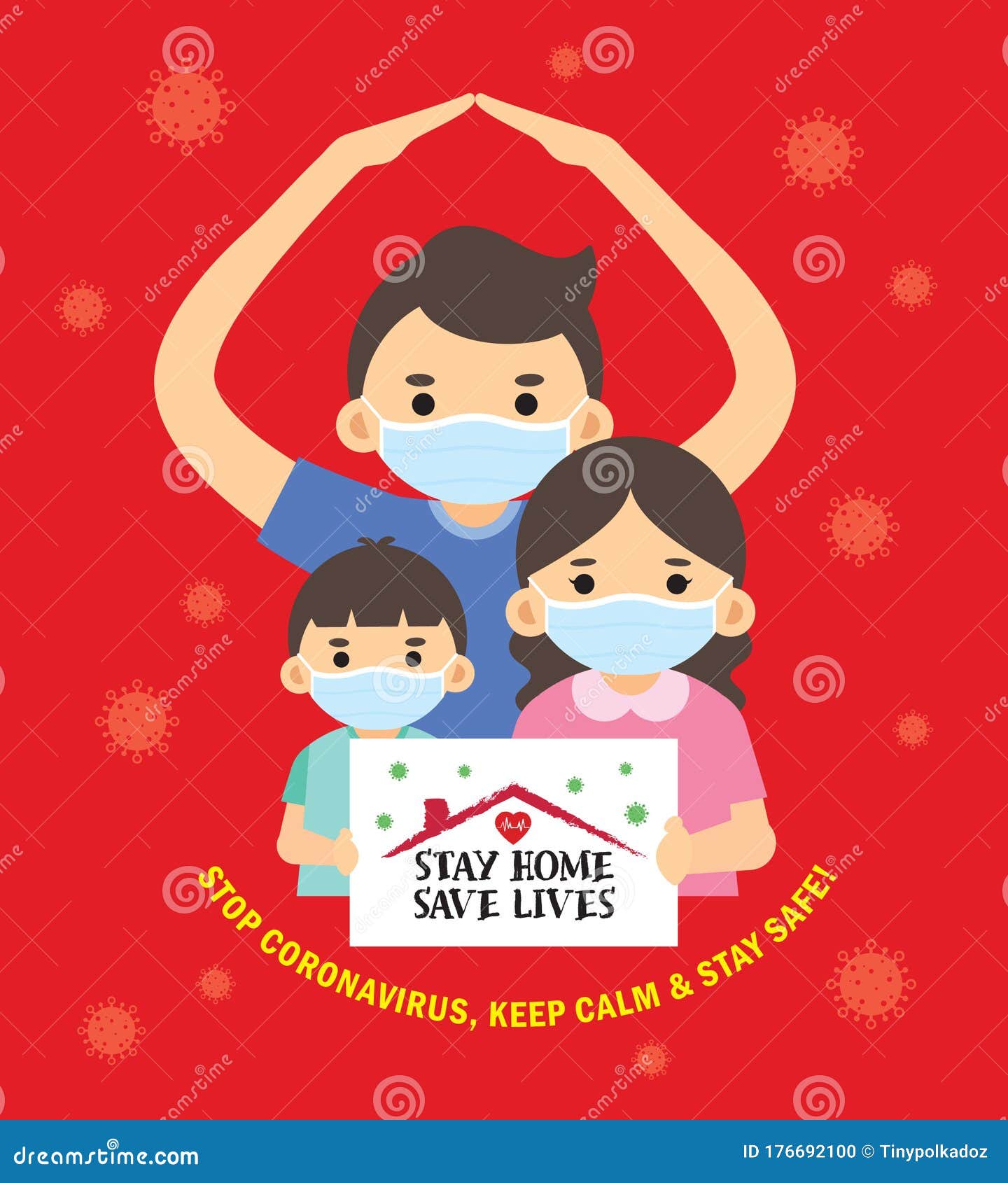 Covid-19 - Cartoon Family Wearing Medical Face Mask Holding Sign `stay ...