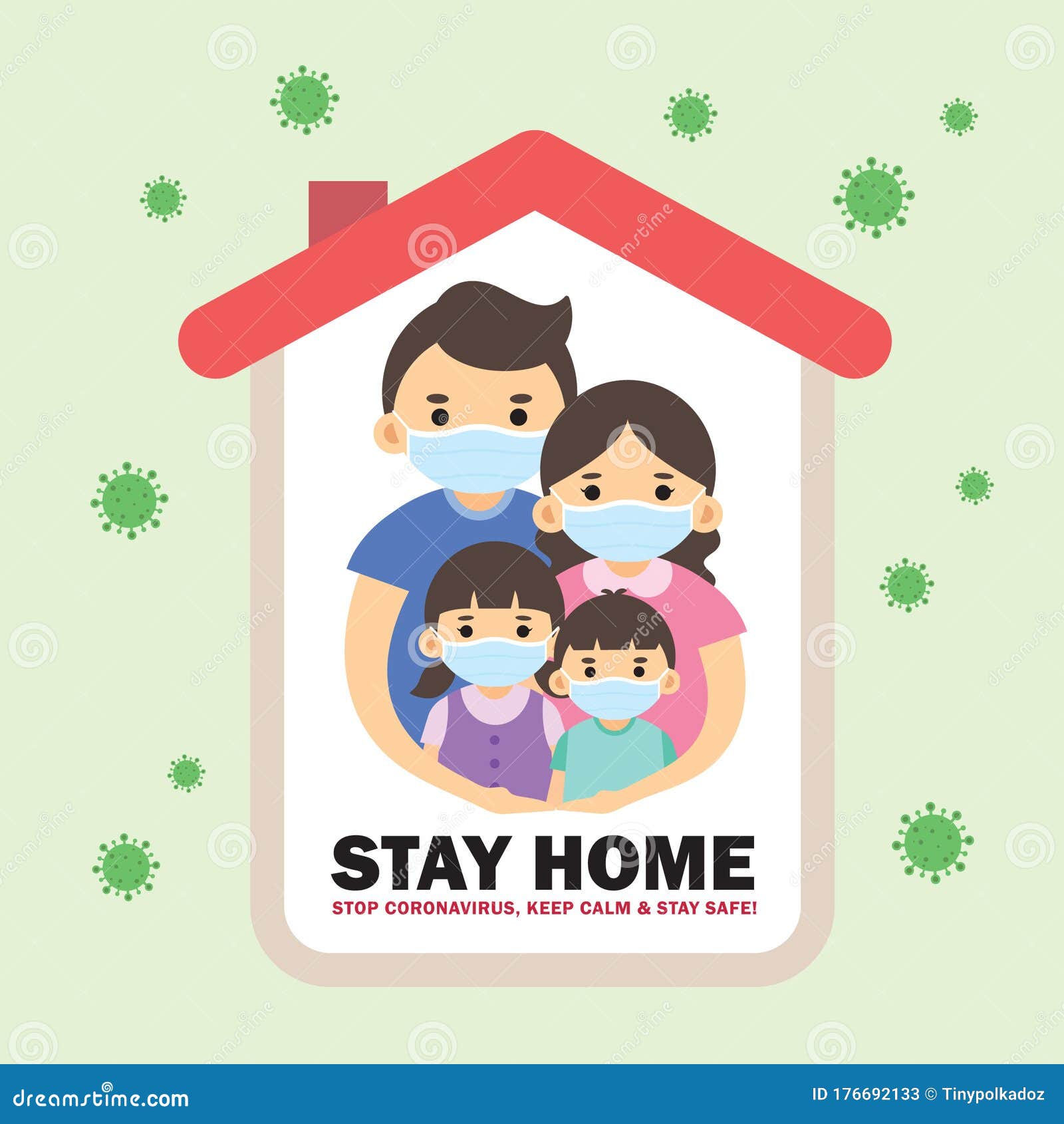 Covid 19 - Cartoon Family Wearing Medical Face Mask Stay at Home Stock ...