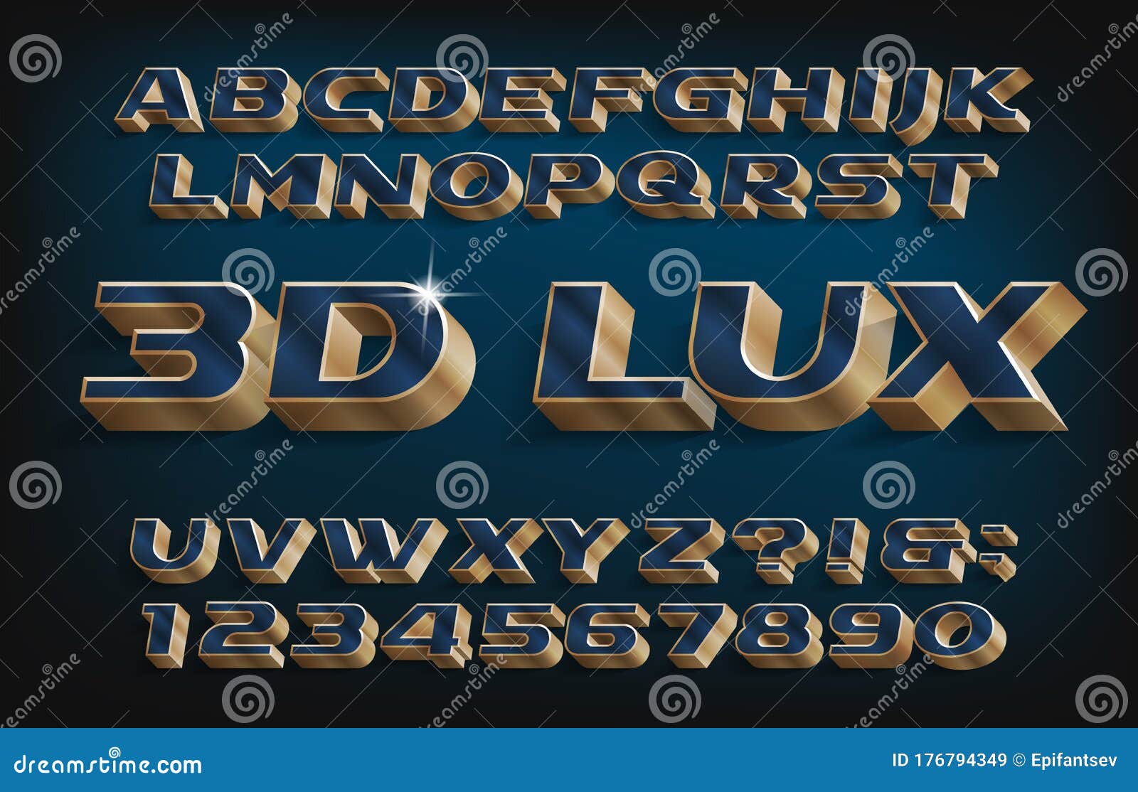 3D Lux Alphabet Font. Blue and Golden Letters and Numbers Stock ...