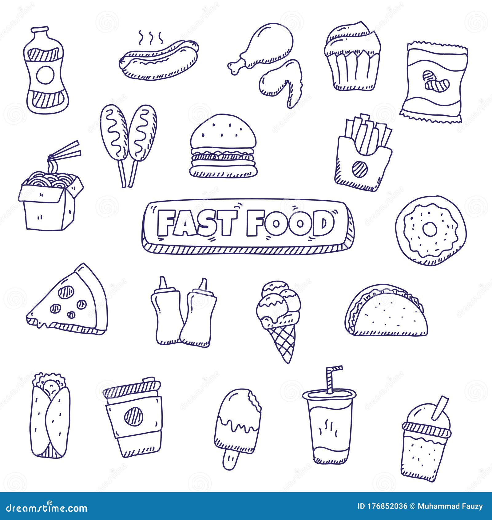 Fast Food Doodles Vector Illustration in Cute Hand Drawn Style Stock ...