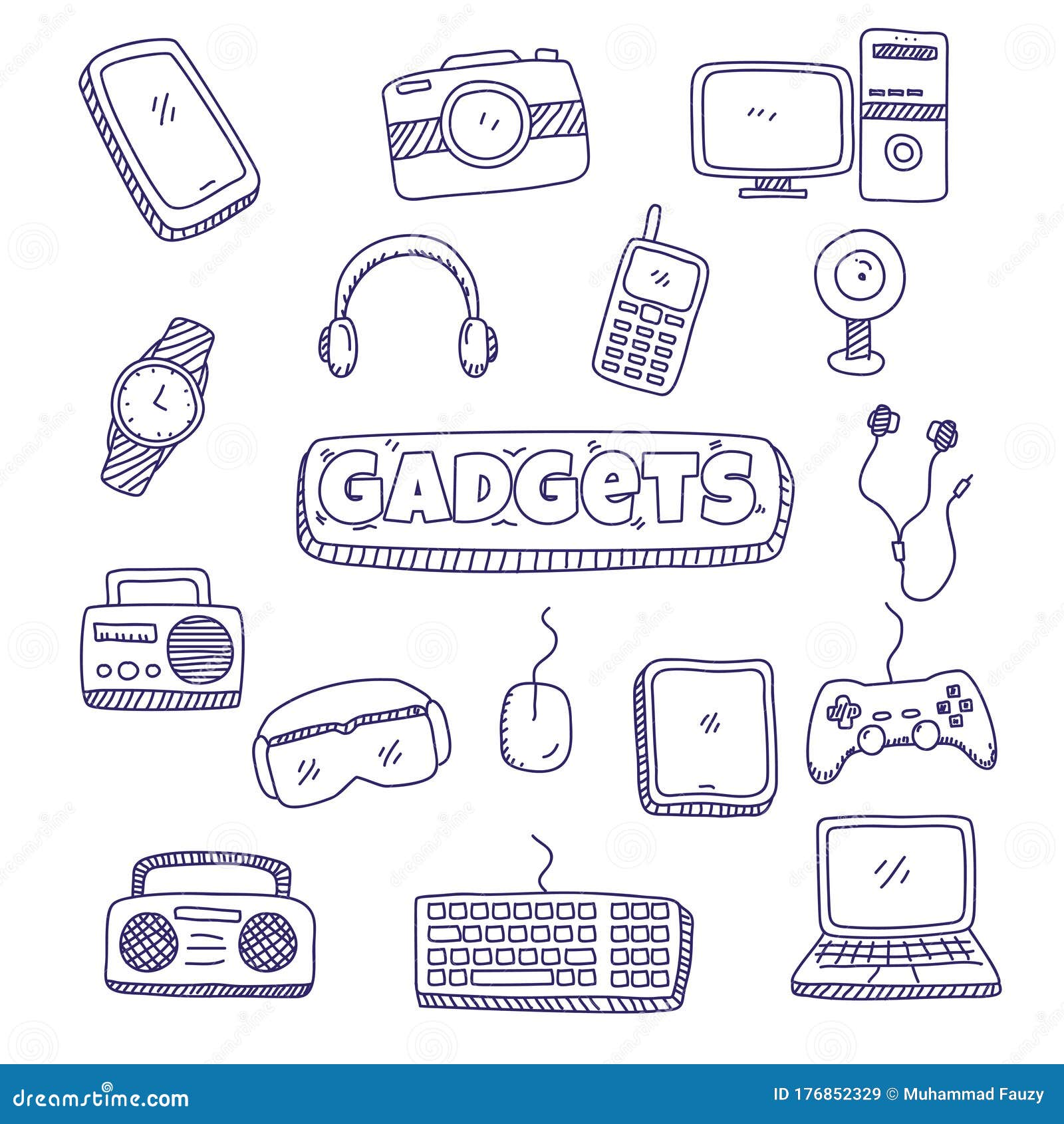 Gadget Doodle Elements Vector Illustration in Cute Hand Drawn Style ...