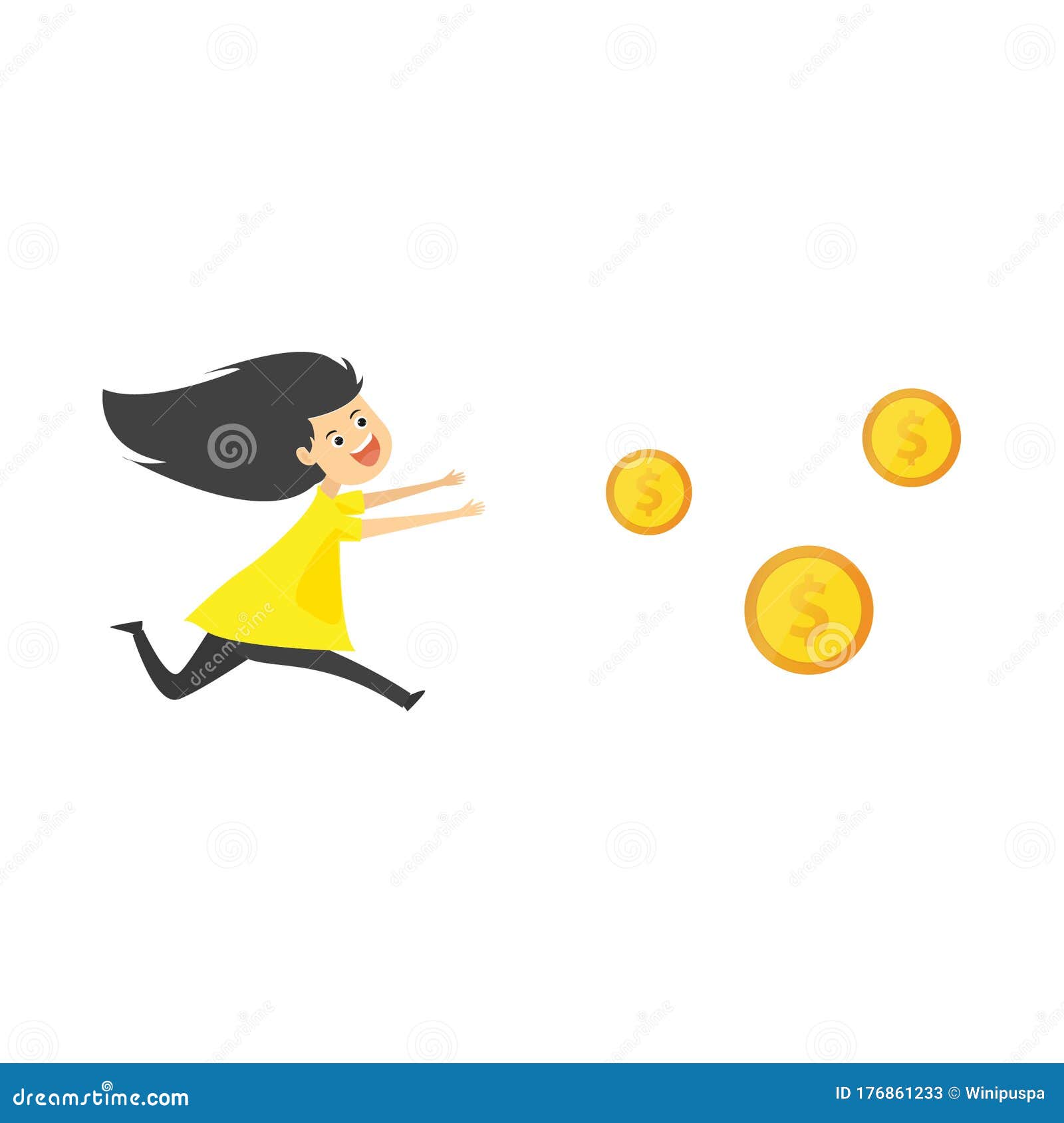 Young woman chasing money. stock vector. Illustration of goal - 176861233