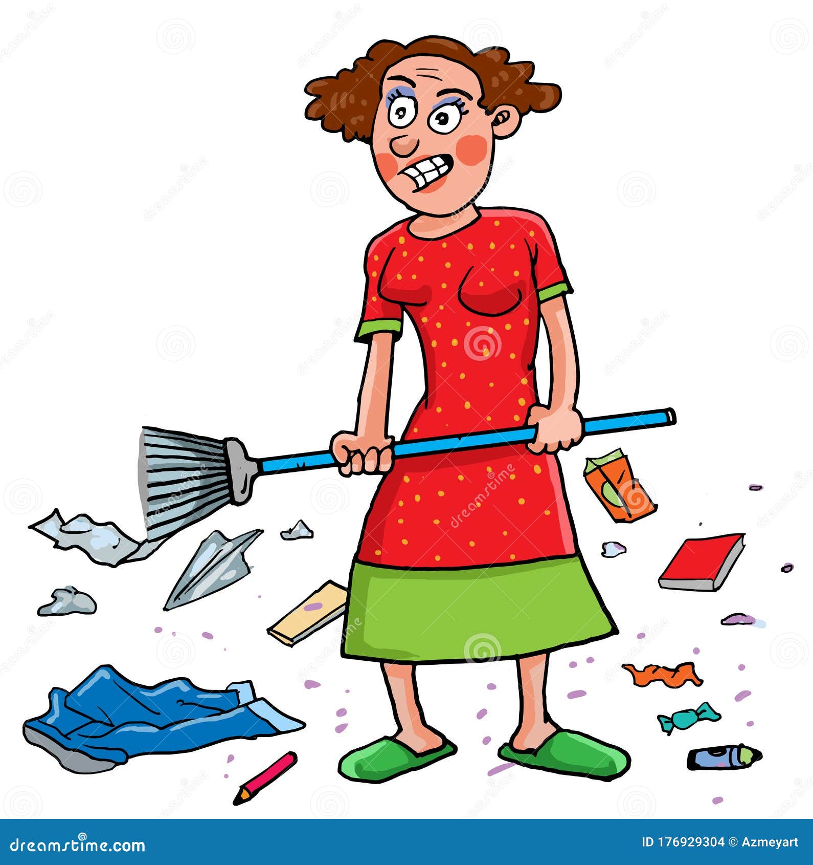 Angry Mum Holding Broom Seeing Dirty Floor Stock Vector - Illustration ...