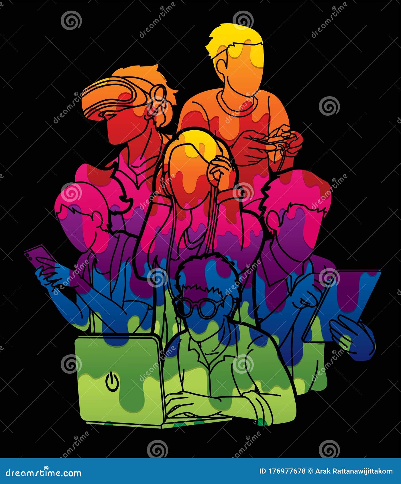 Group of People Using Digital Devices Cartoon Graphic Stock Vector ...