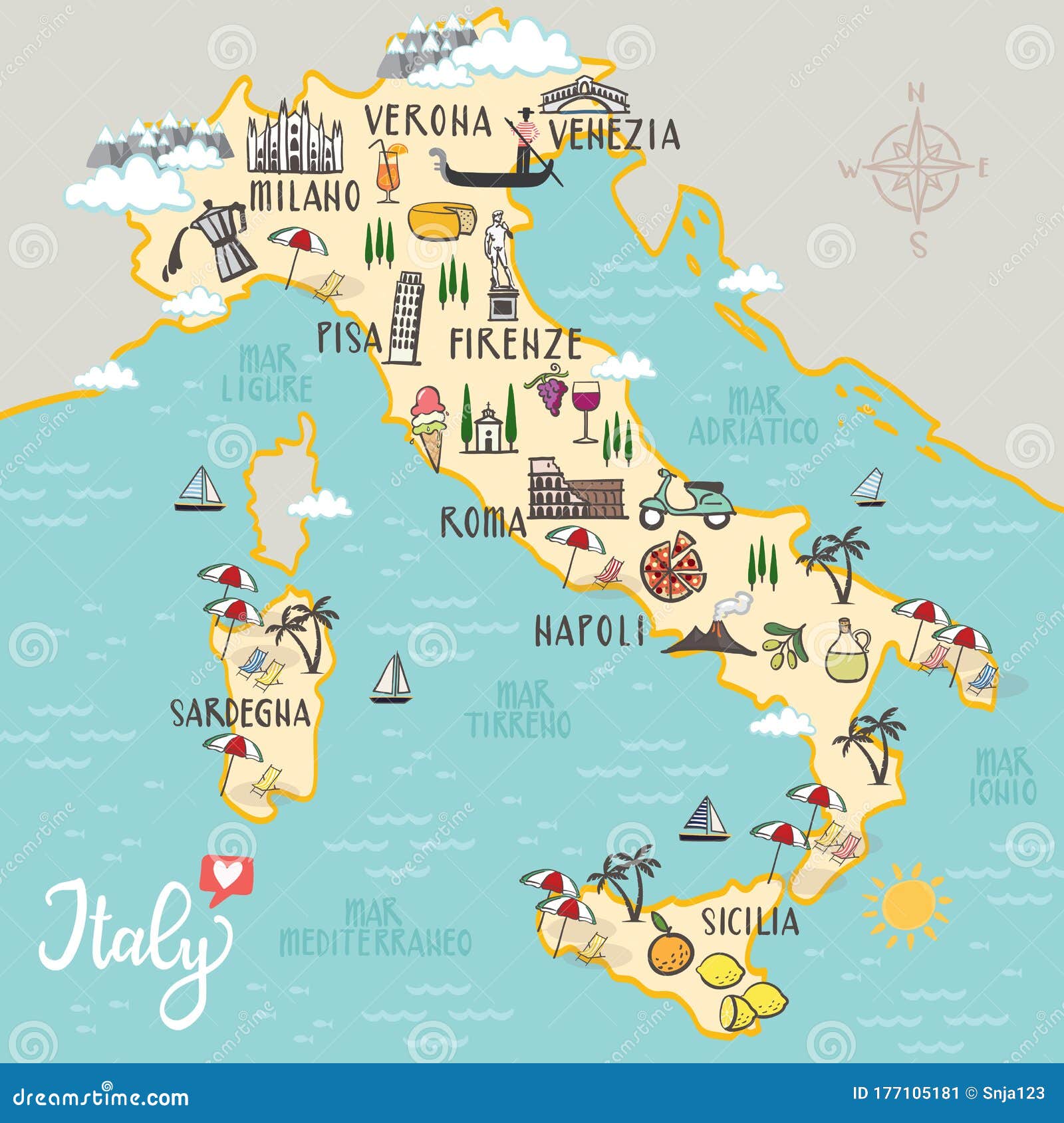 Italy - Hand Drawn Illustration, Map with Landmarks Stock Illustration ...