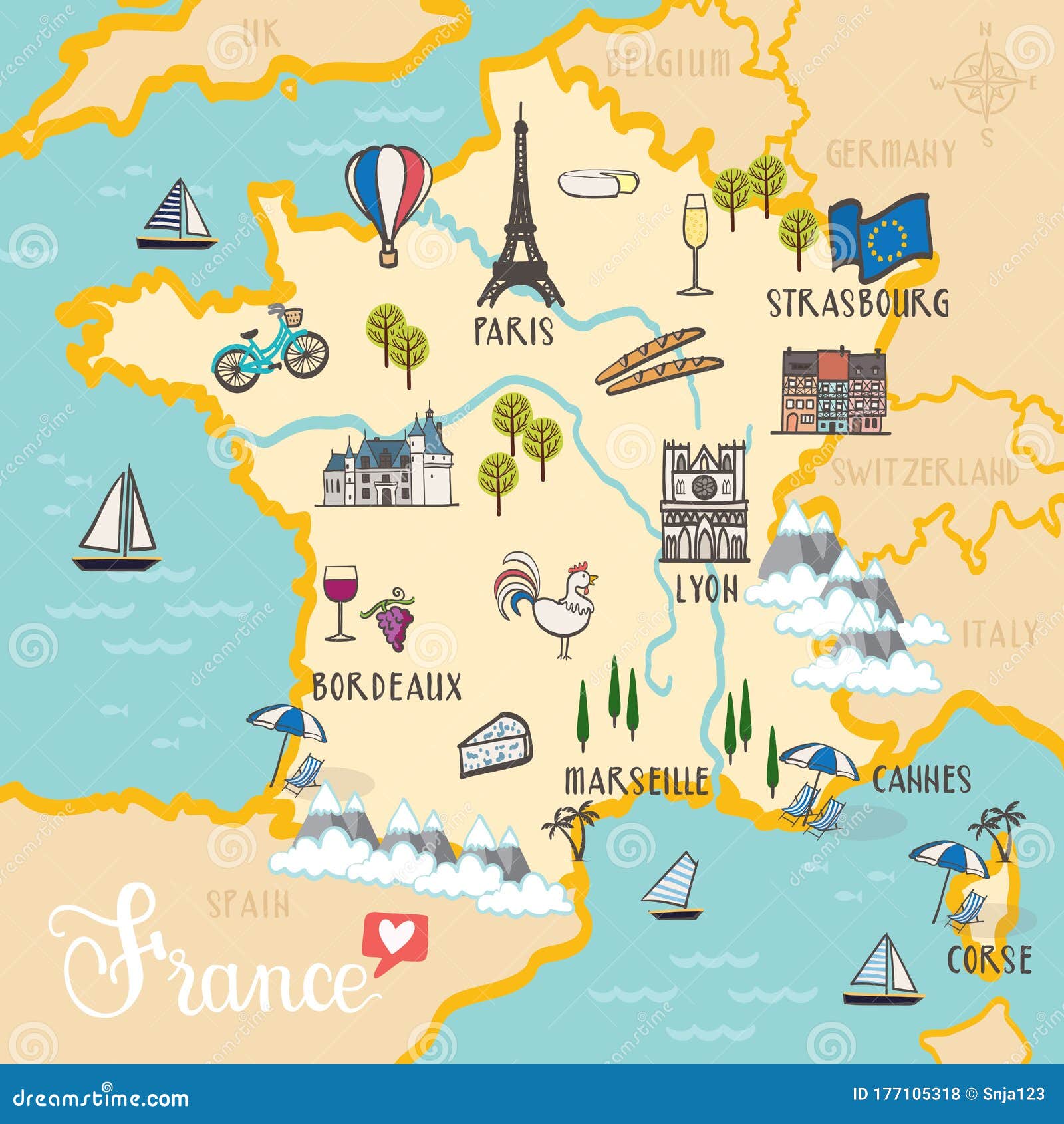 France - Hand Drawn Illustration, Map with Landmarks Stock Illustration ...
