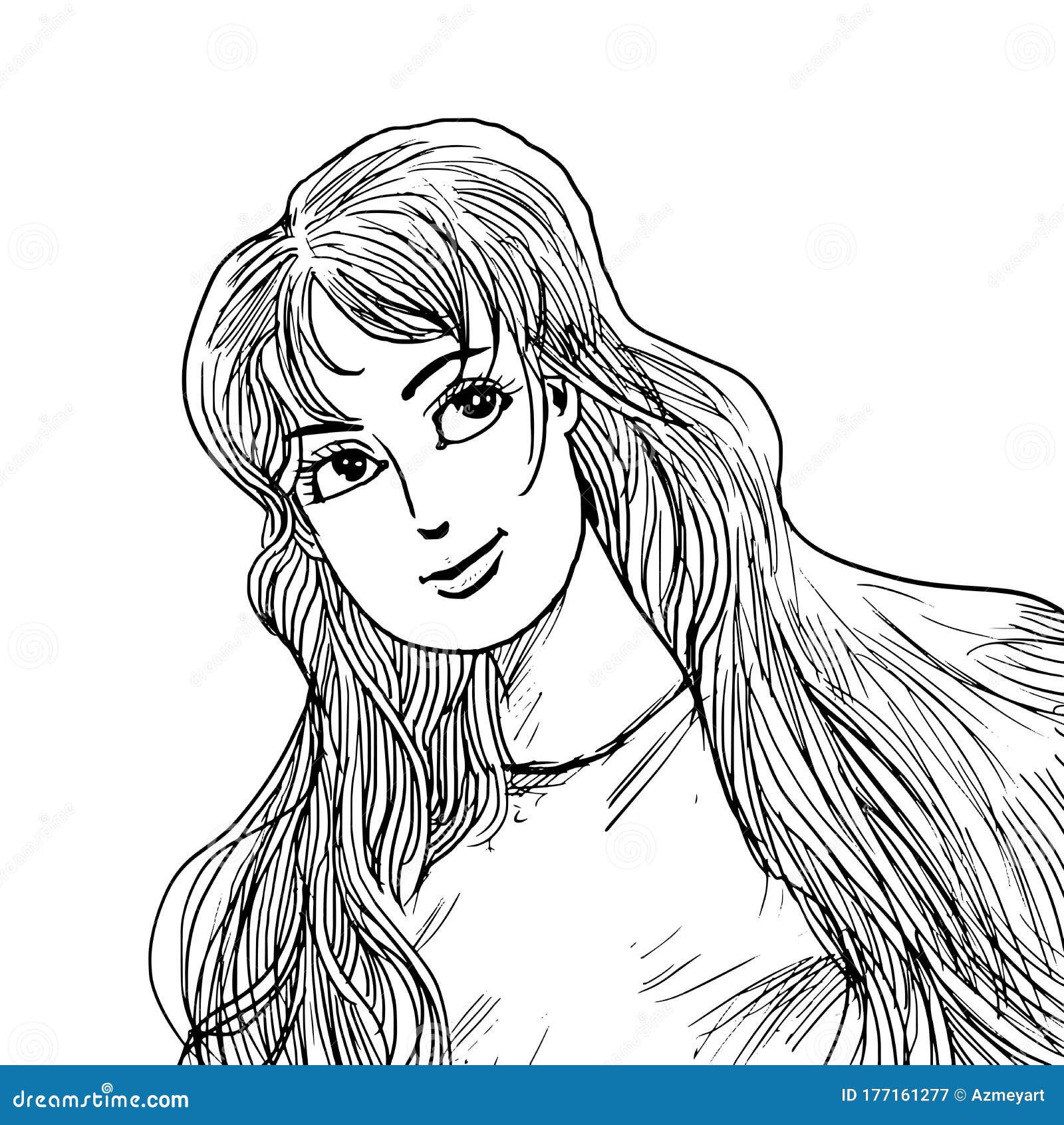 Comic Line Art Drawing, Smiling Beautiful Woman Stock Illustration ...