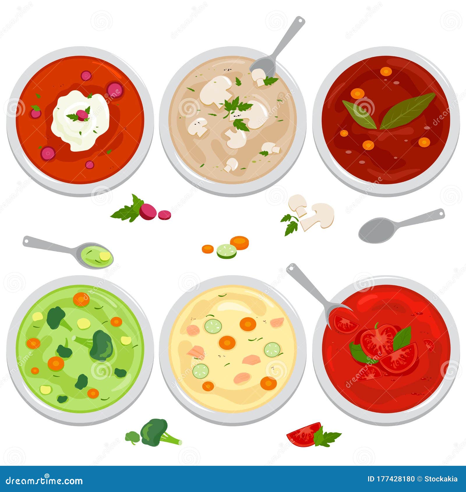 Bowls Of Different Types Of Soup. Soup With Vegetables, Mushrooms ...