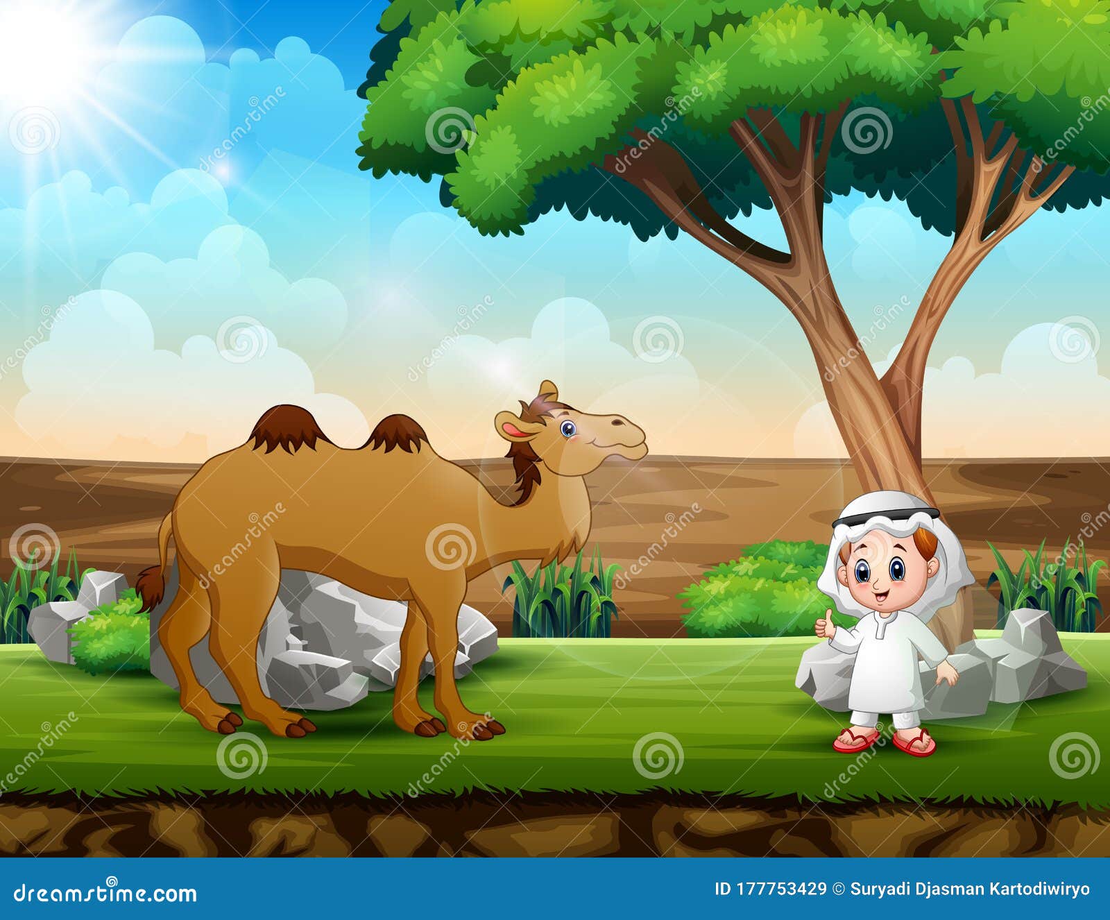 Arabian Boy and Camel Under the Tree Stock Illustration - Illustration ...