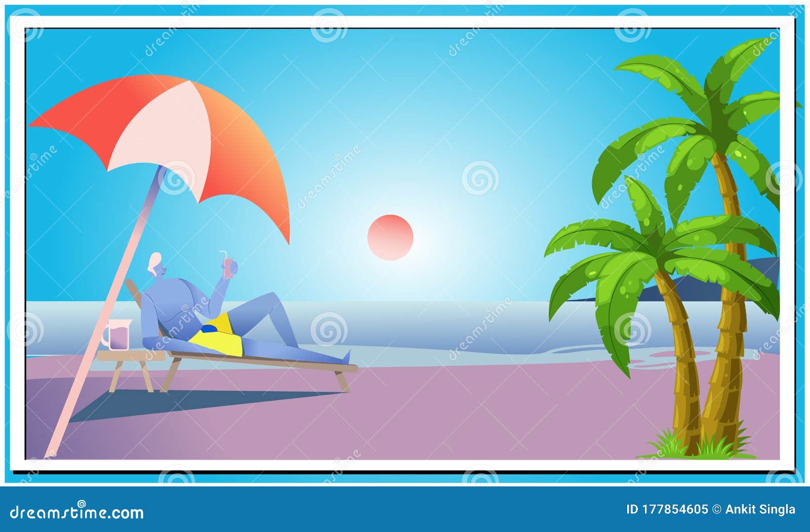 Cartoon Art of a Beach View in Sunny Day Stock Vector - Illustration of ...