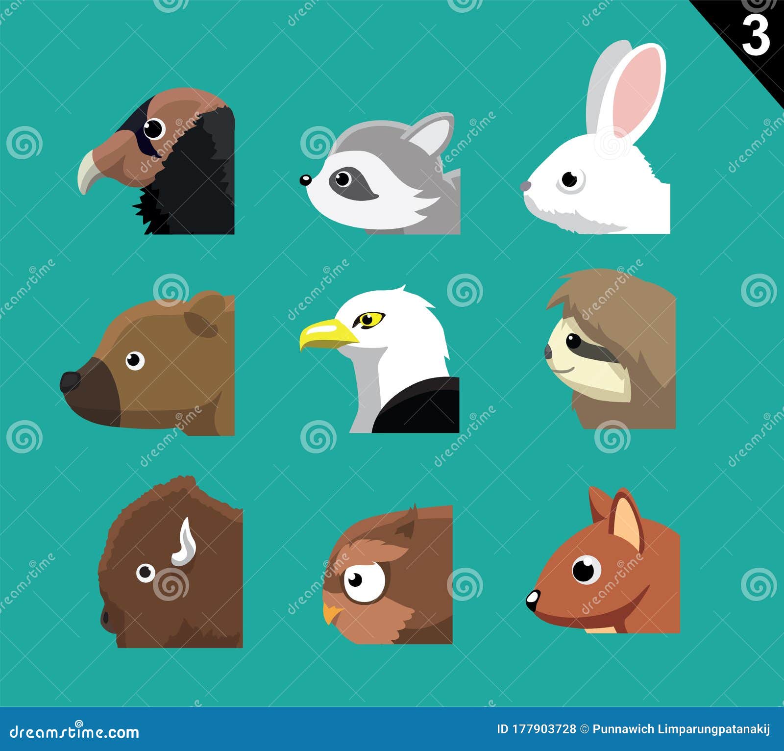 Animal Cartoon Faces Side View Set 3 American Stock Vector ...