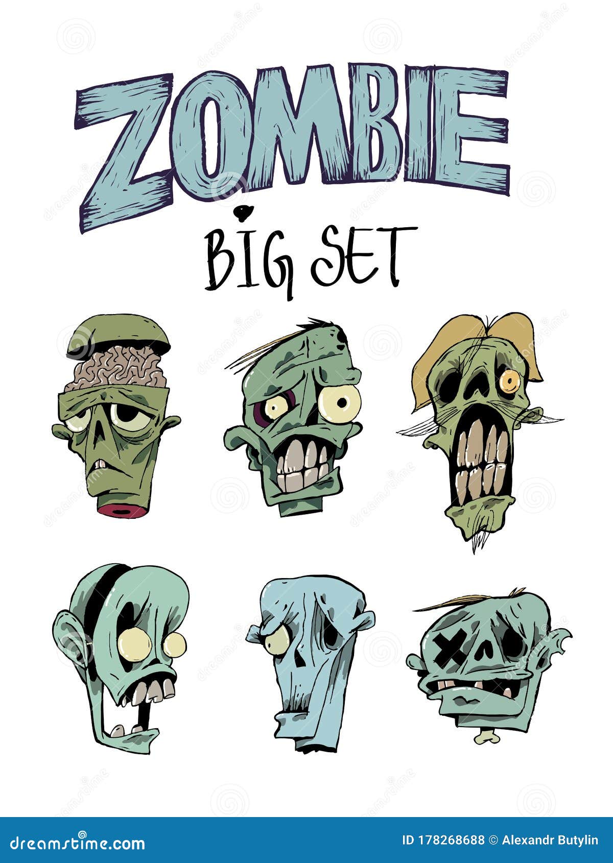 Six Portraits of Zombies, Calligraphy. Color Illustration Stock ...