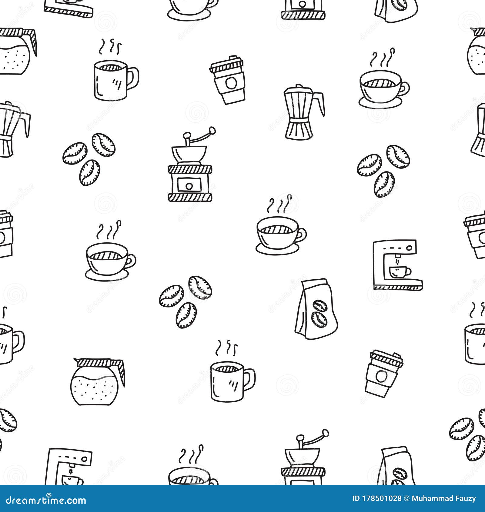 Coffee Seamless Doodle Pattern in Cute Hand Drawn Style Stock Vector ...