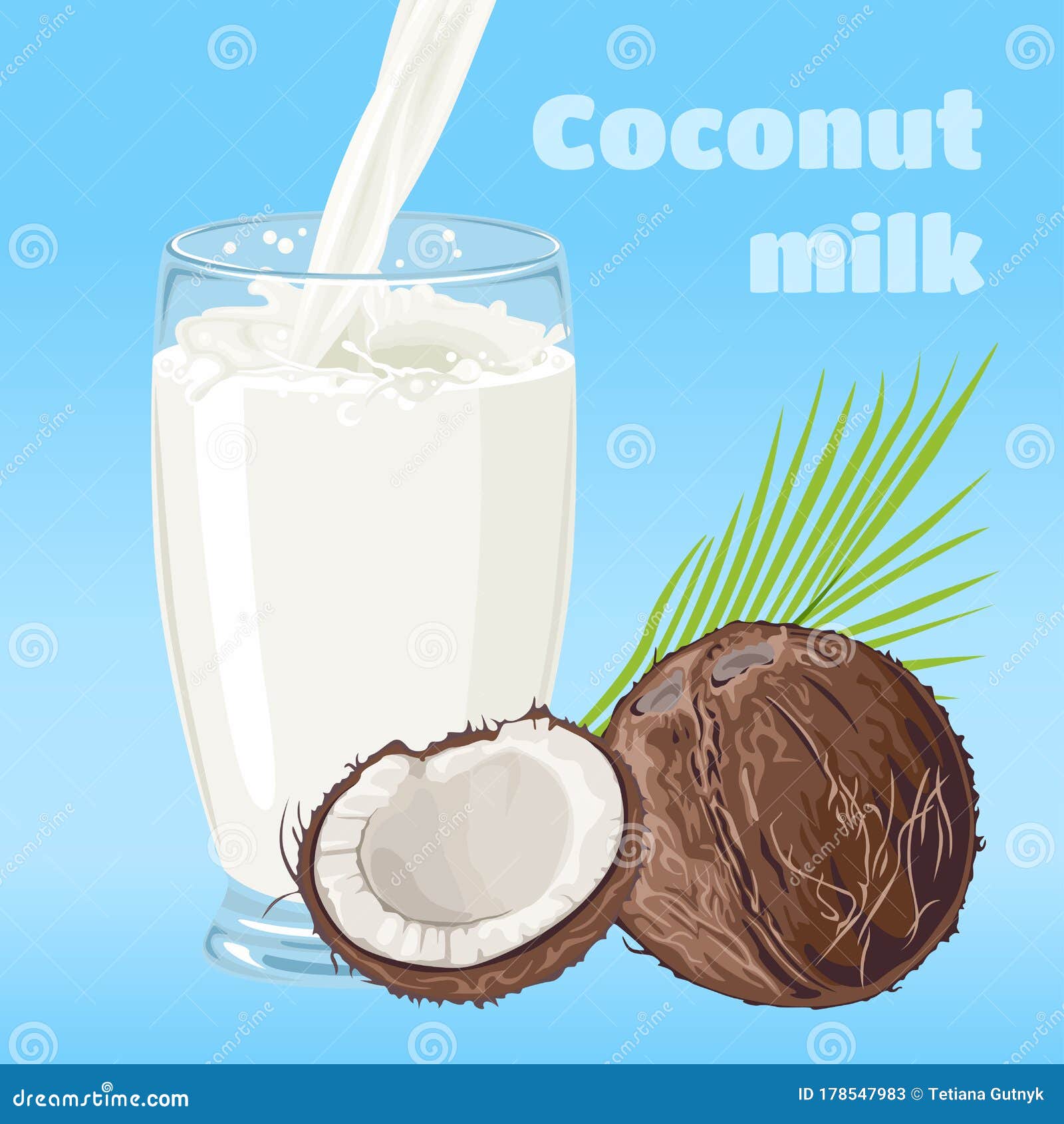 Coconut Milk in Glass Isolated on Blue Background. Pouring Vegan Nut ...