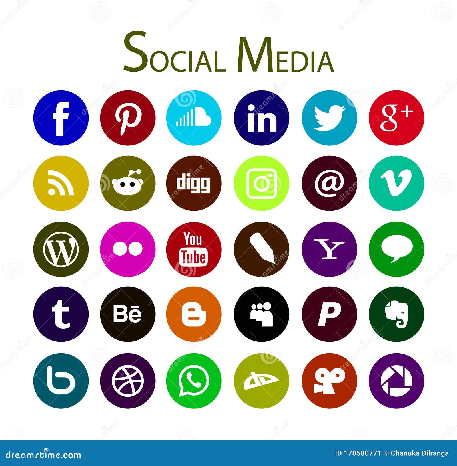 Circle Social Media Icons Collection with Rounded Corners. Editorial ...