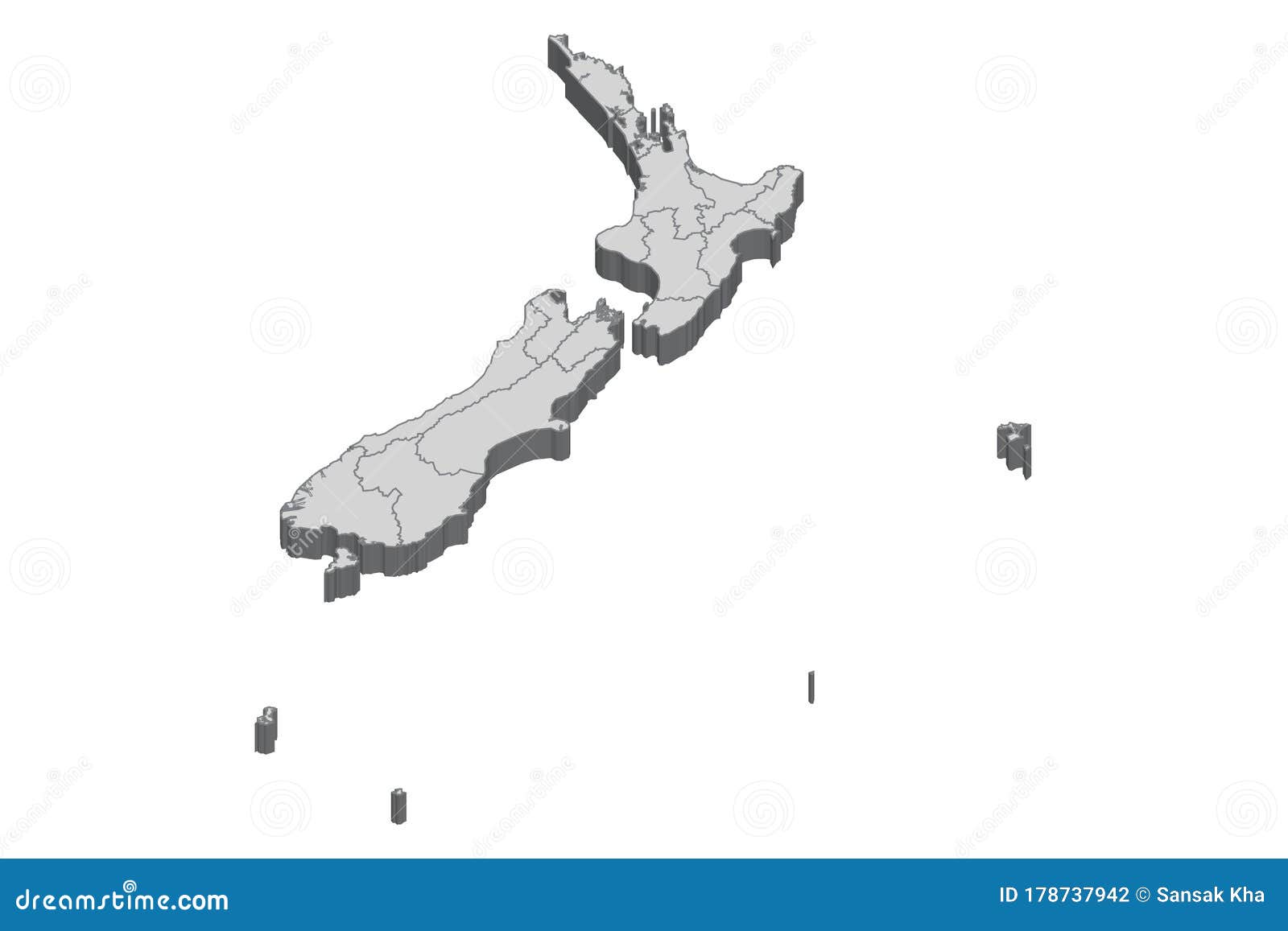 New Zealand Map in 3D. 3d Map with Borders of Regions. Stock ...