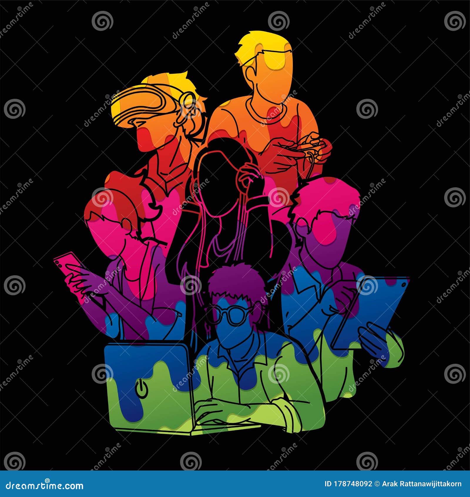 Group of People Using Digital Devices Cartoon Graphic Stock Vector ...