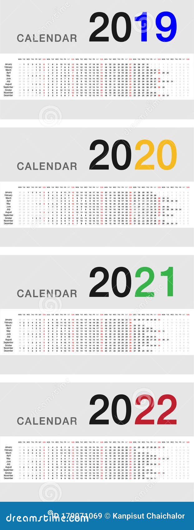 Year 2019 and Year 2020 and Year 2021 and Year 2022 Calendar Vector ...