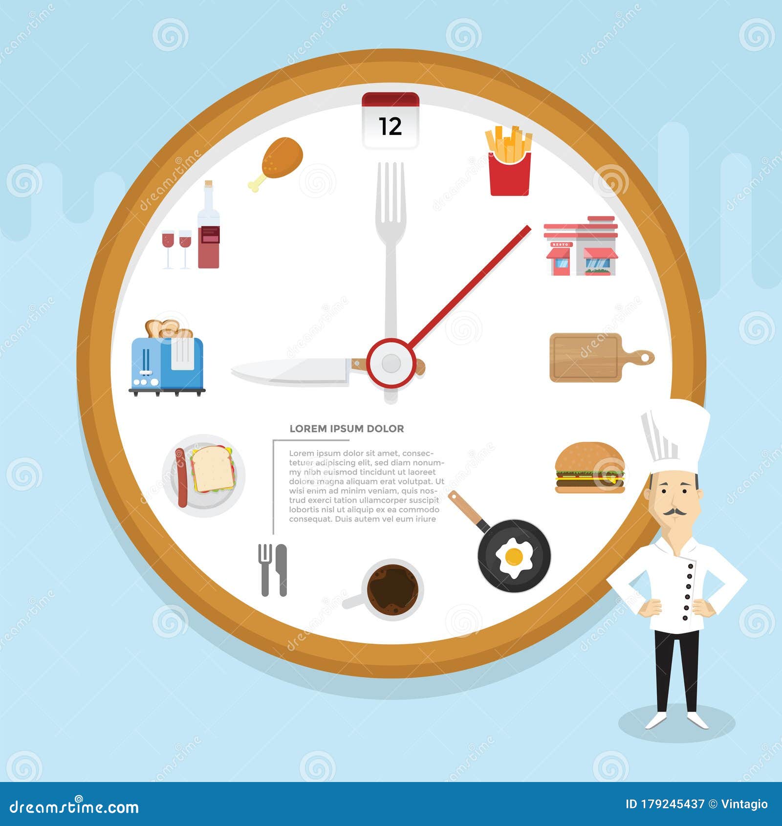 Clock Restaurant Concept stock vector. Illustration of graph - 179245437