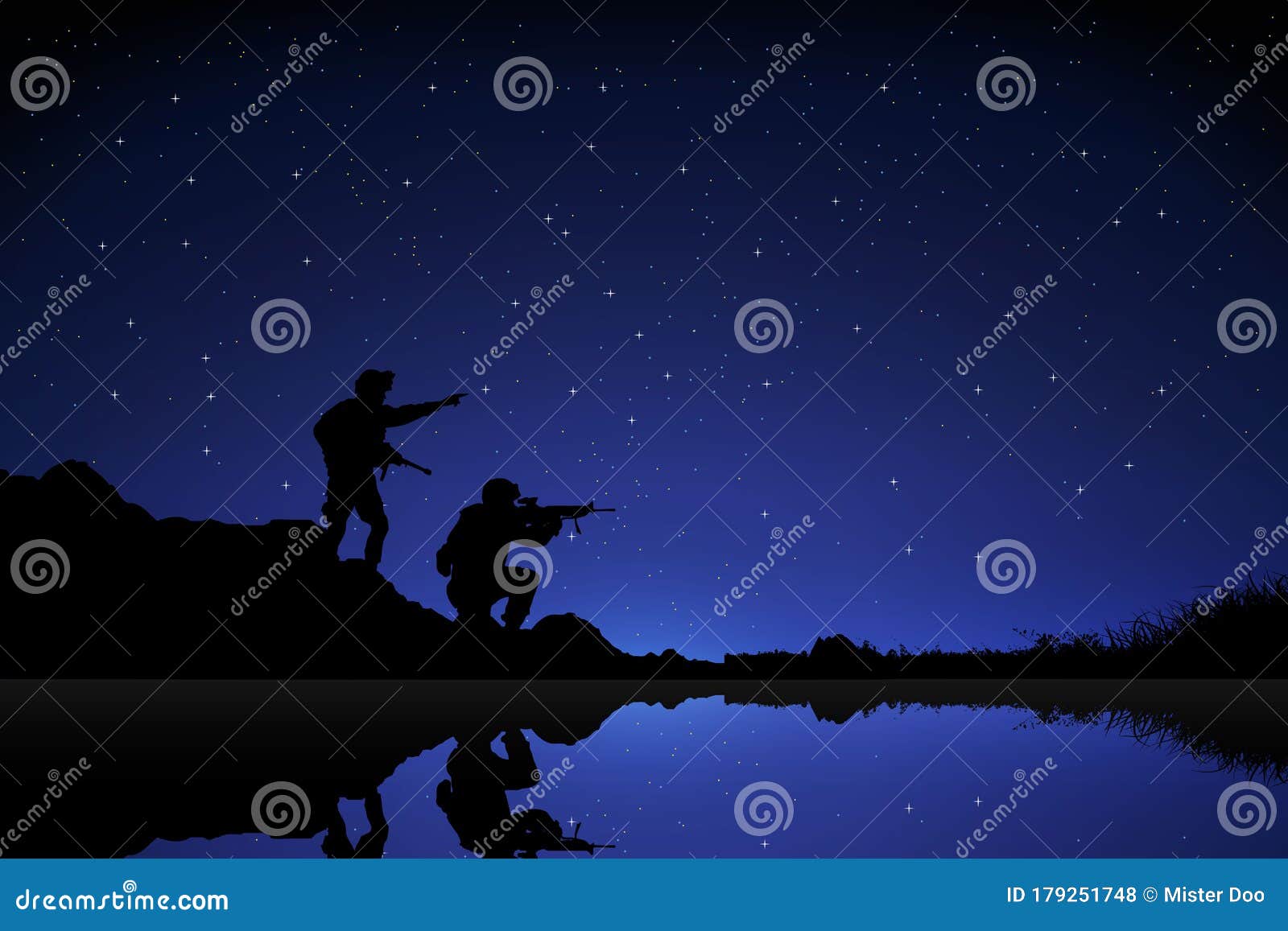 Silhouette Soldier Shooting With Gun In Night Sky Background.Gradient ...