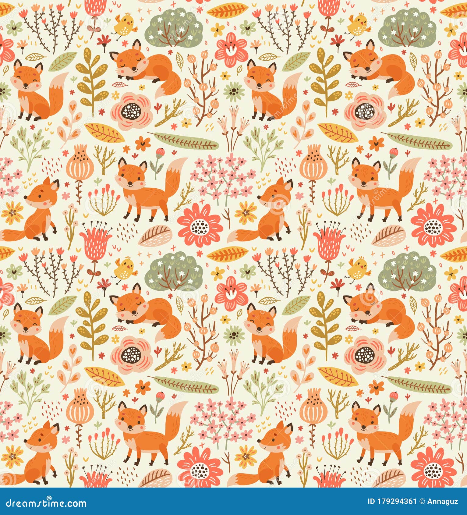 Seamless Pattern with Foxes and Flowers. Stock Vector - Illustration of ...