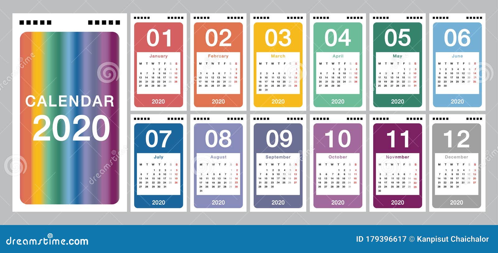 Colorful Year 2020 Calendar Vector Design Template, Simple and Clean ...