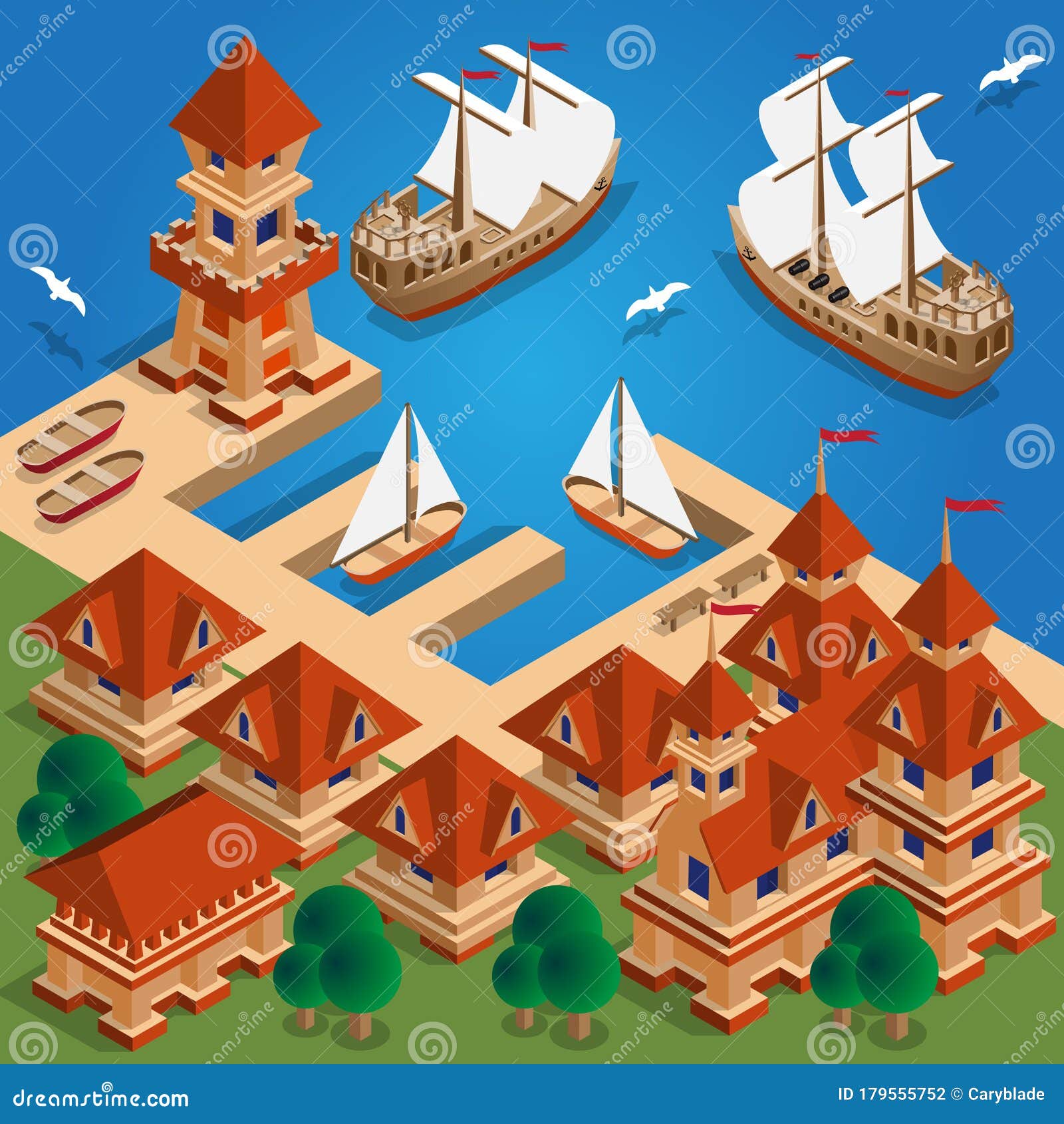 Medieval port. stock vector. Illustration of lagoon - 179555752