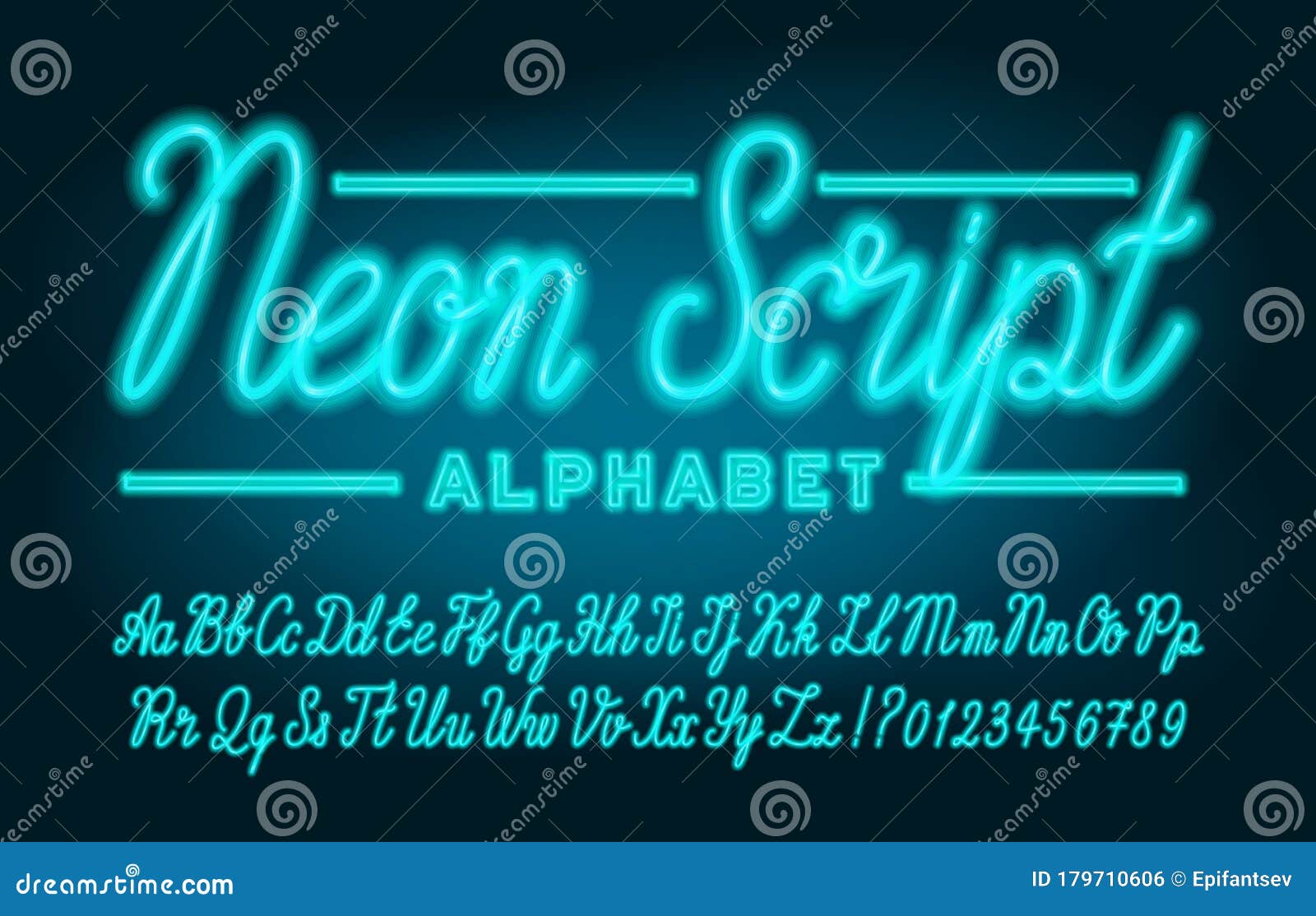 Neon Script Alphabet Font. Hand Drawn Neon Light Letters and Numbers ...