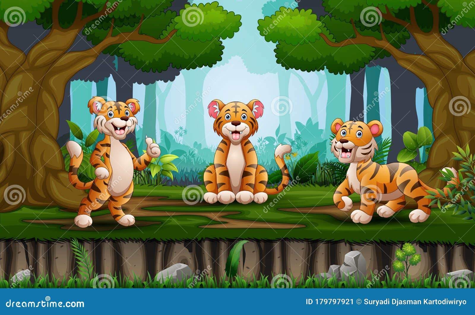 Cartoon Tree Tigers Enjoying in the Jungle Stock Vector - Illustration ...