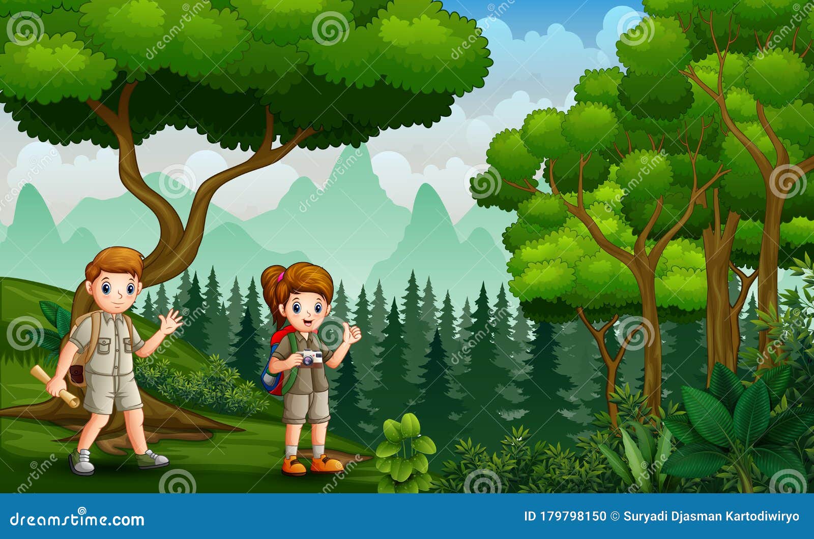 The Explorer Kids in the Nature Landscape Stock Vector - Illustration ...
