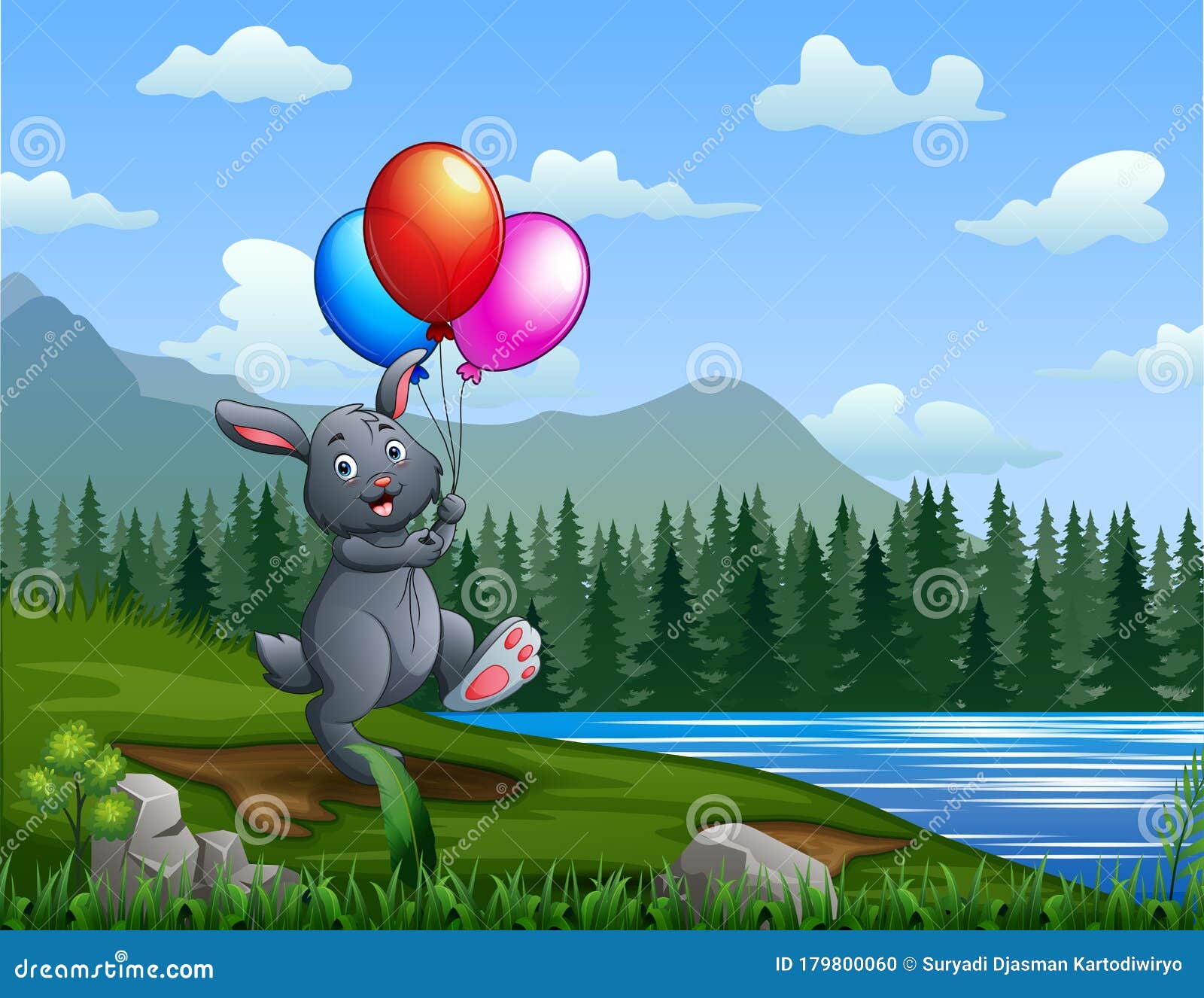 Happy Bunny Holding a Colorful Balloons by the River Stock Illustration ...