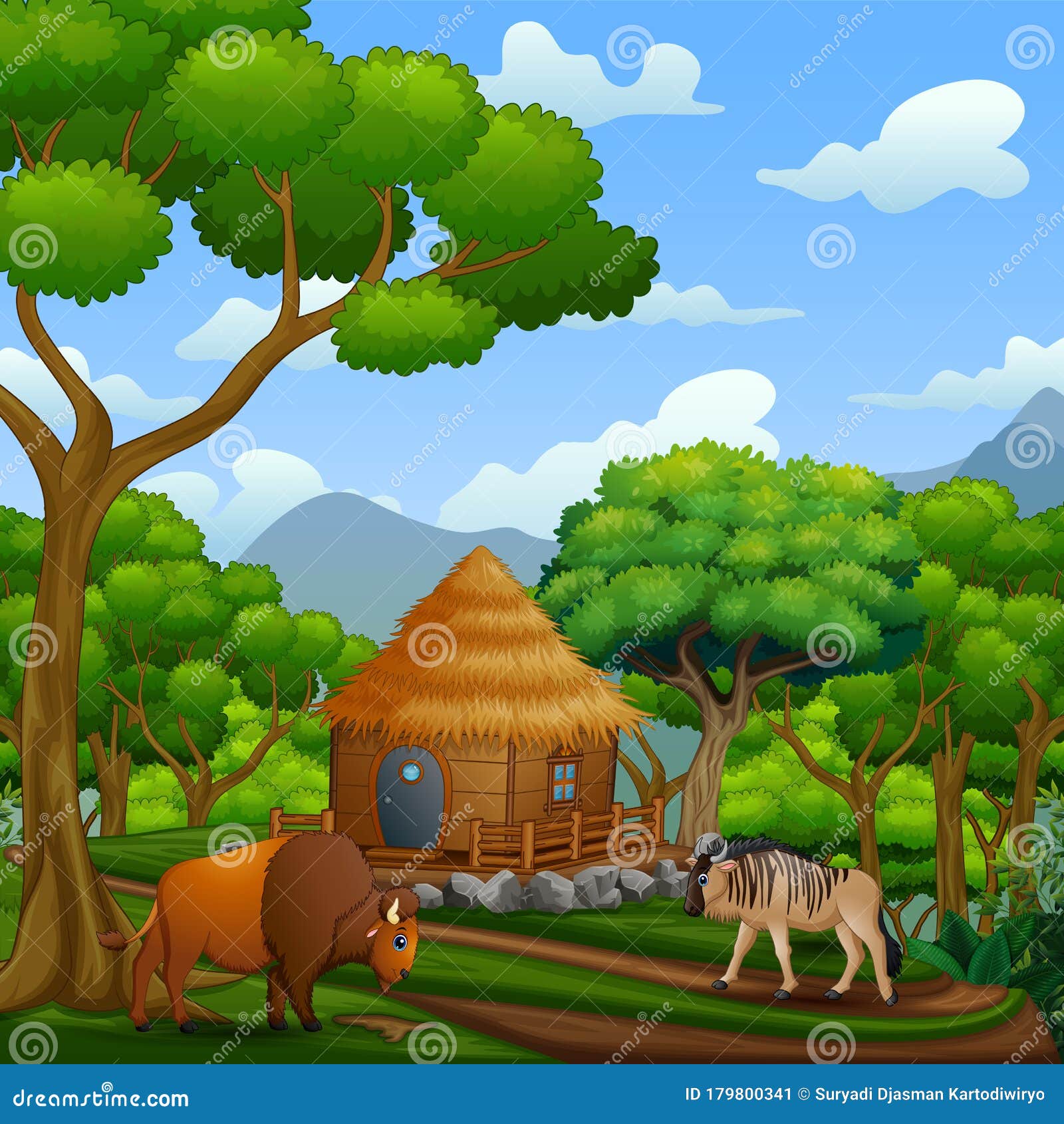 Scene with Wooden Cottage with Animals Stock Illustration ...