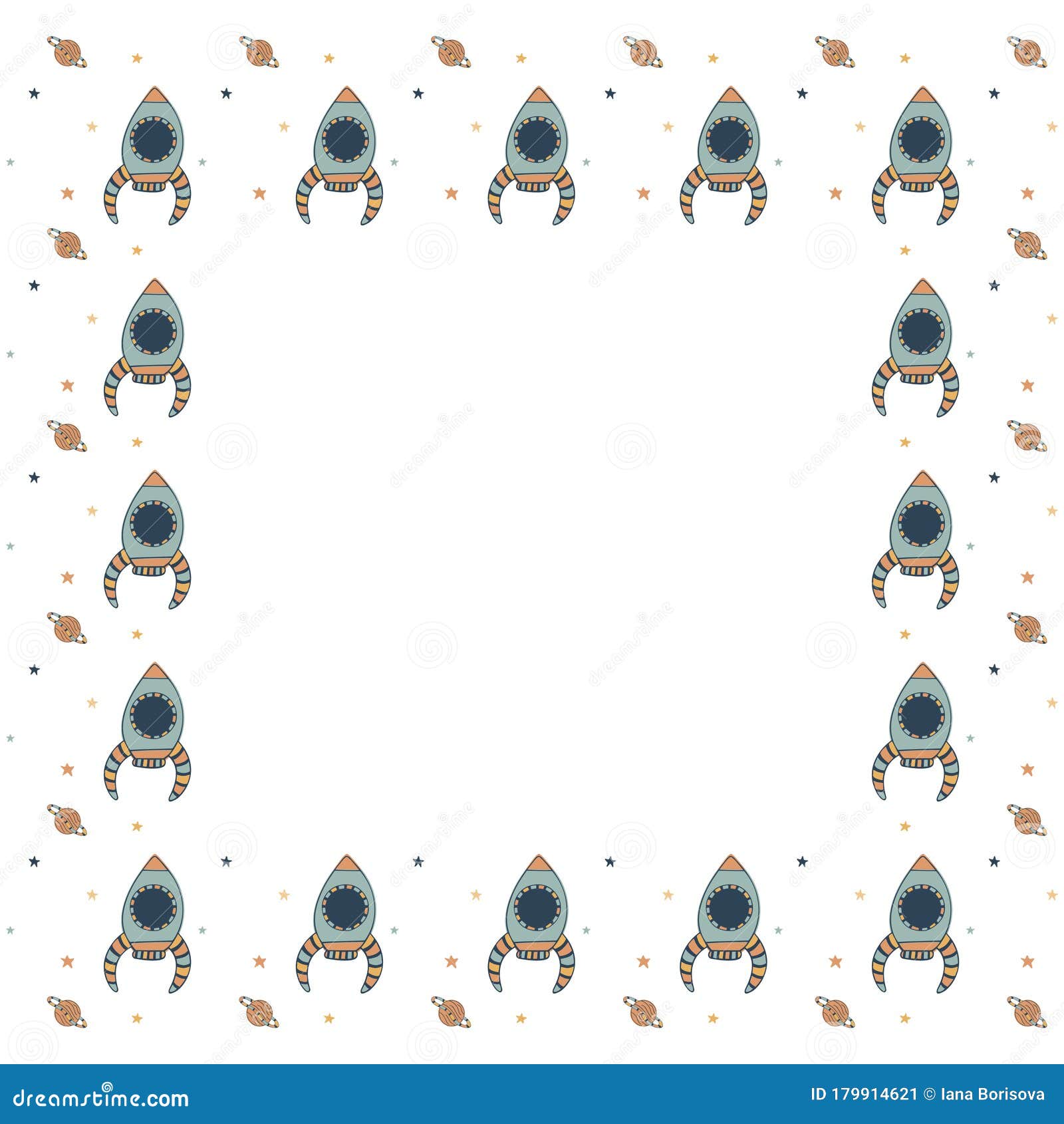 Square Frame of Hand-drawn Rockets, Stars and Saturn on a White ...