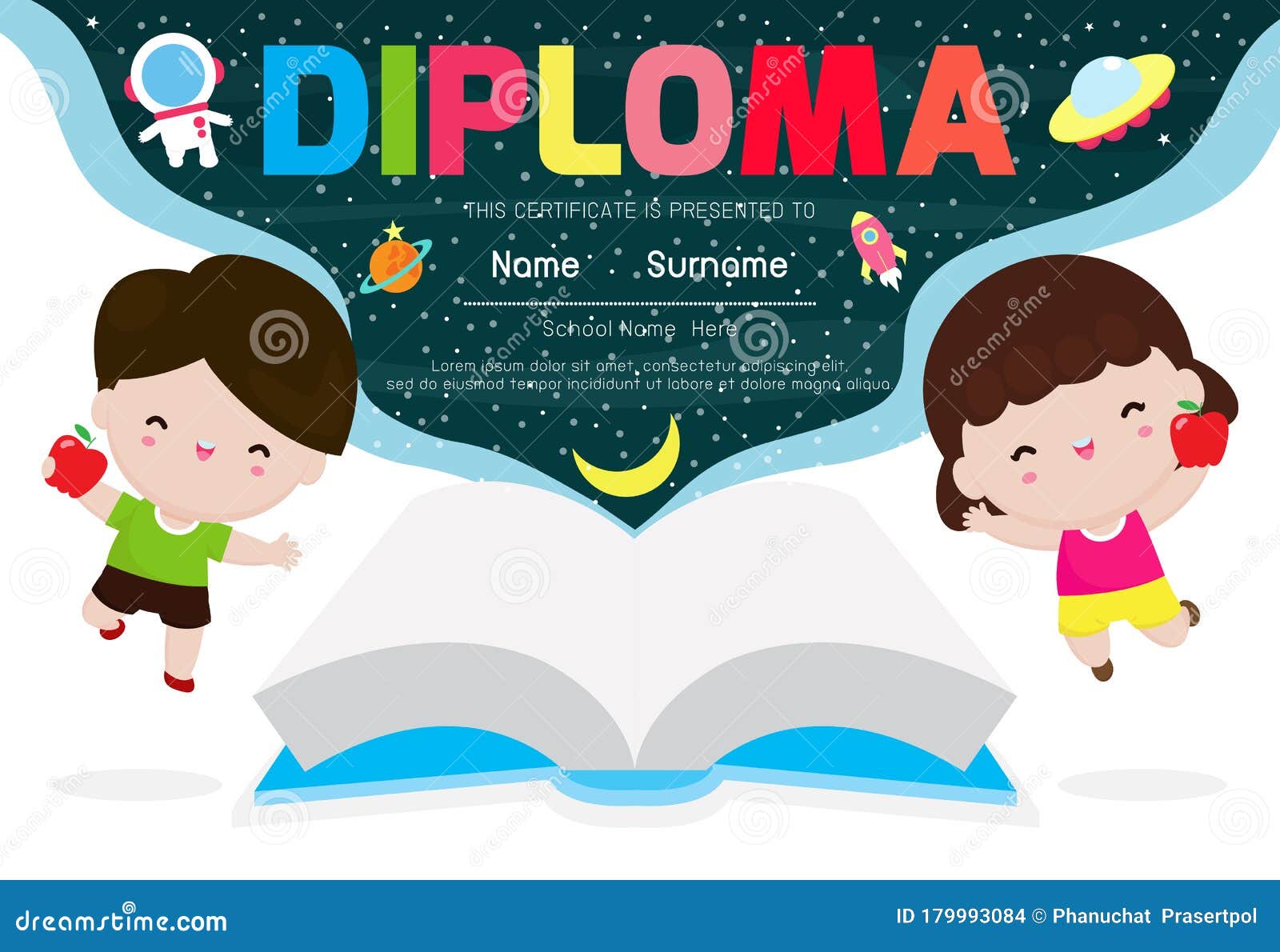 Certificate Kids Diploma, Appreciation Space Moon Theme Vector Template ...